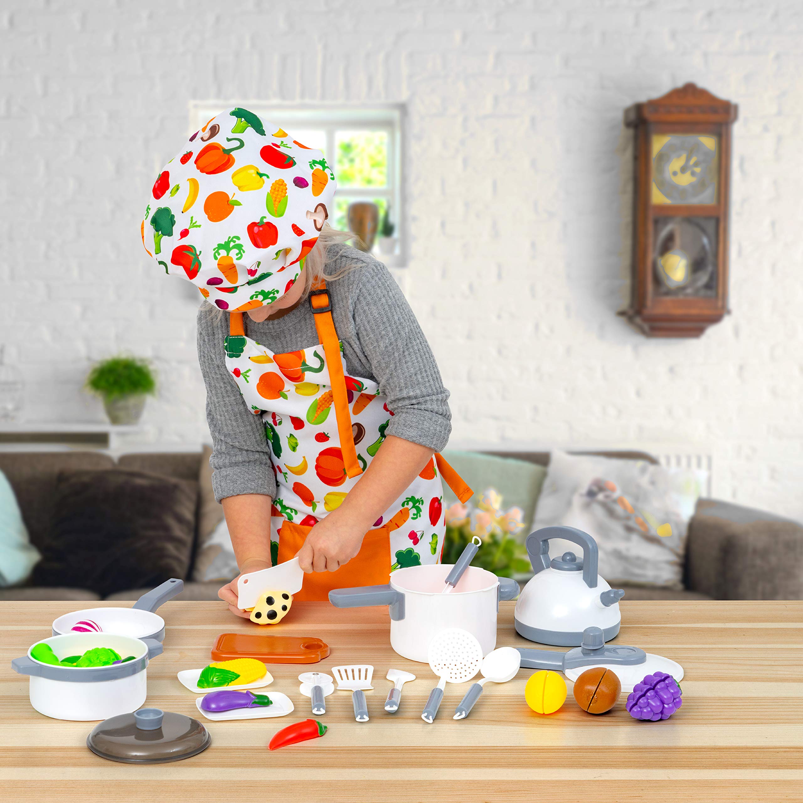 Kids Lovely Apron and Chef Hat with Adjustable Neck Strap for Culinary Cooking Baking Kitchen Play Gardening Fun Painting