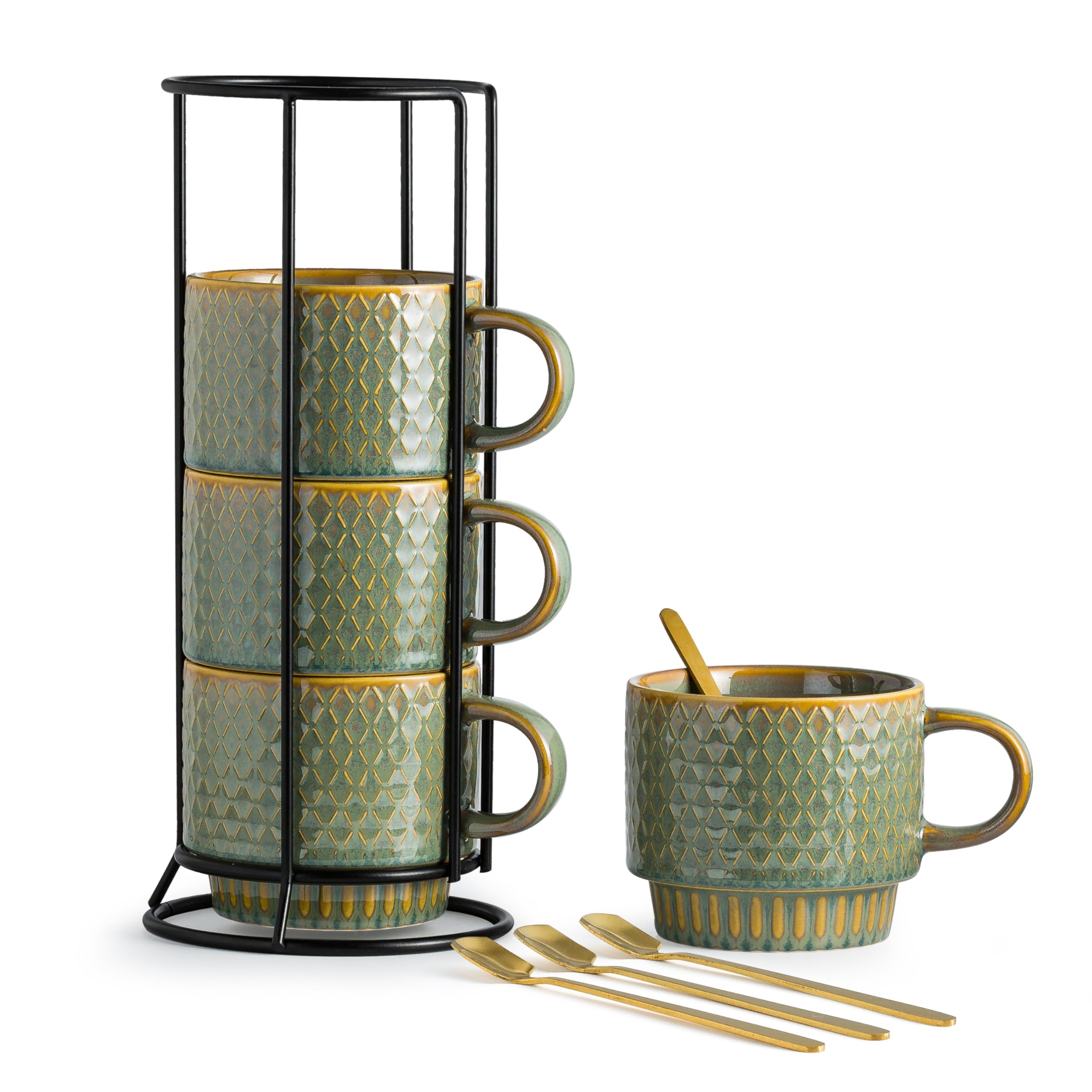 LYEOBOH Coffee Mug, Coffee Mugs Set of 4, Stackable Coffee Mugs with Rack and Spoons - 13 Oz Coffee Cup Set with Stand, Ceramic Coffee Mugs for Home & Kitchen, Blue and Green