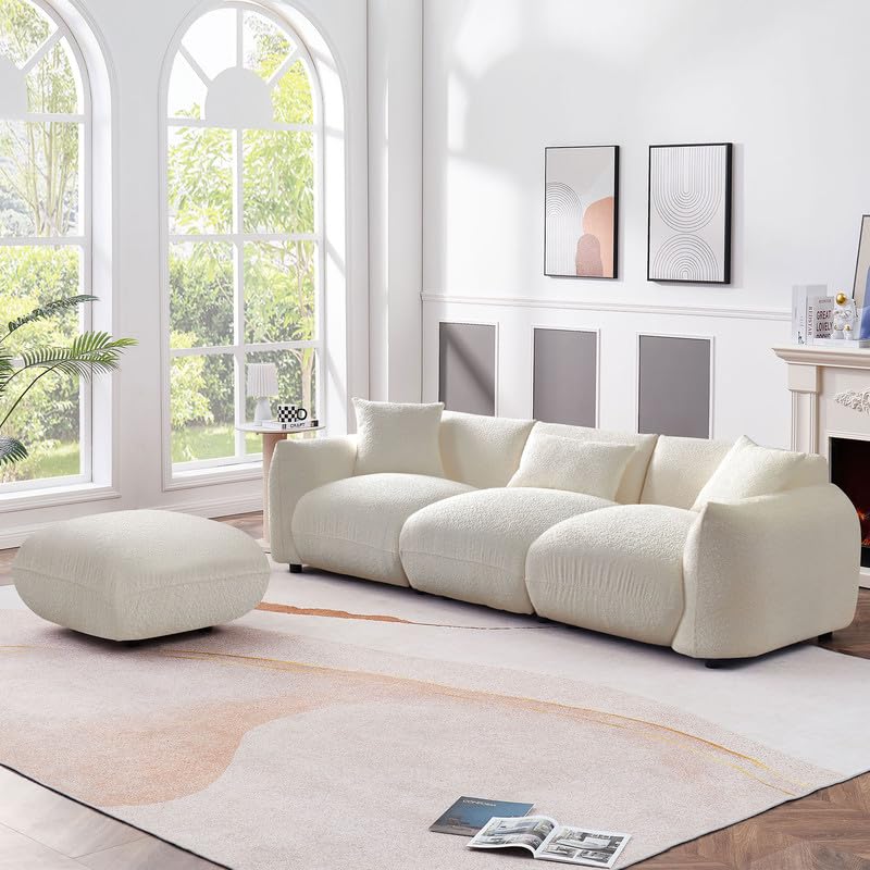 Nolohoo Sectional Sofa Cloud Couch, 102" Upholstered Boucle L-Shaped Deep Couch for Living Room, Comfy 4-Seat Overstuffed Couch with Movable Ottoman Pillows for Apartment (Cream, Boucle)