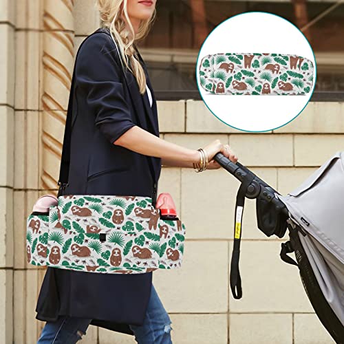 Kigai Sloth Palm Leaves Baby Stroller Organizer with Cup Holders, Secure Hooks Accessories Adjustable Strap Stroller Bag for Bottle, Diaper, Phone, Toys, Baby Items