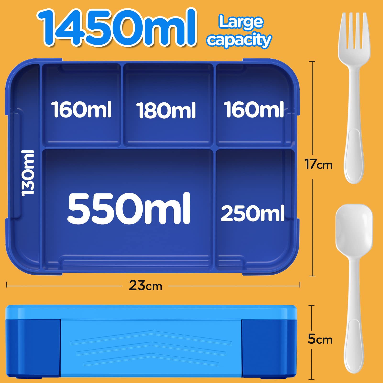 Jelife Bento Lunch Box for Kids - 1450ml Leakproof Kids Bento Box 6 Compartments Toddler Lunch boxes with Silverware for Back to School, Reusable LunchBox Snack Container for Daycare