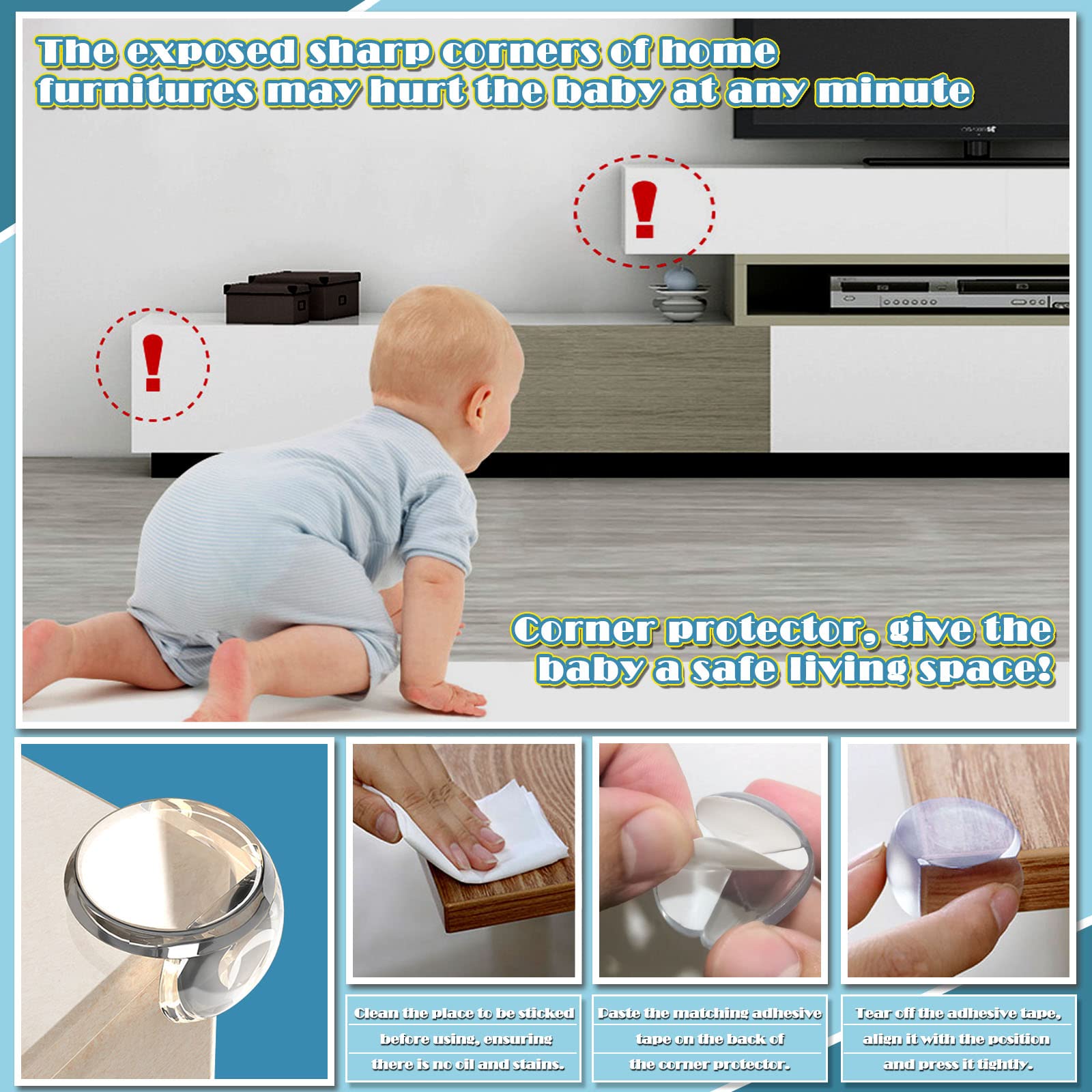 Miao'er Baby Proofing Kit, Baby Proof Outlet Covers-50 Pack, with 2 Pieces Plastic Stick for Easy Removal. Corner Protector Baby Proof-12 Pack, Effectively Protect Child from Sharp Corners (Round)