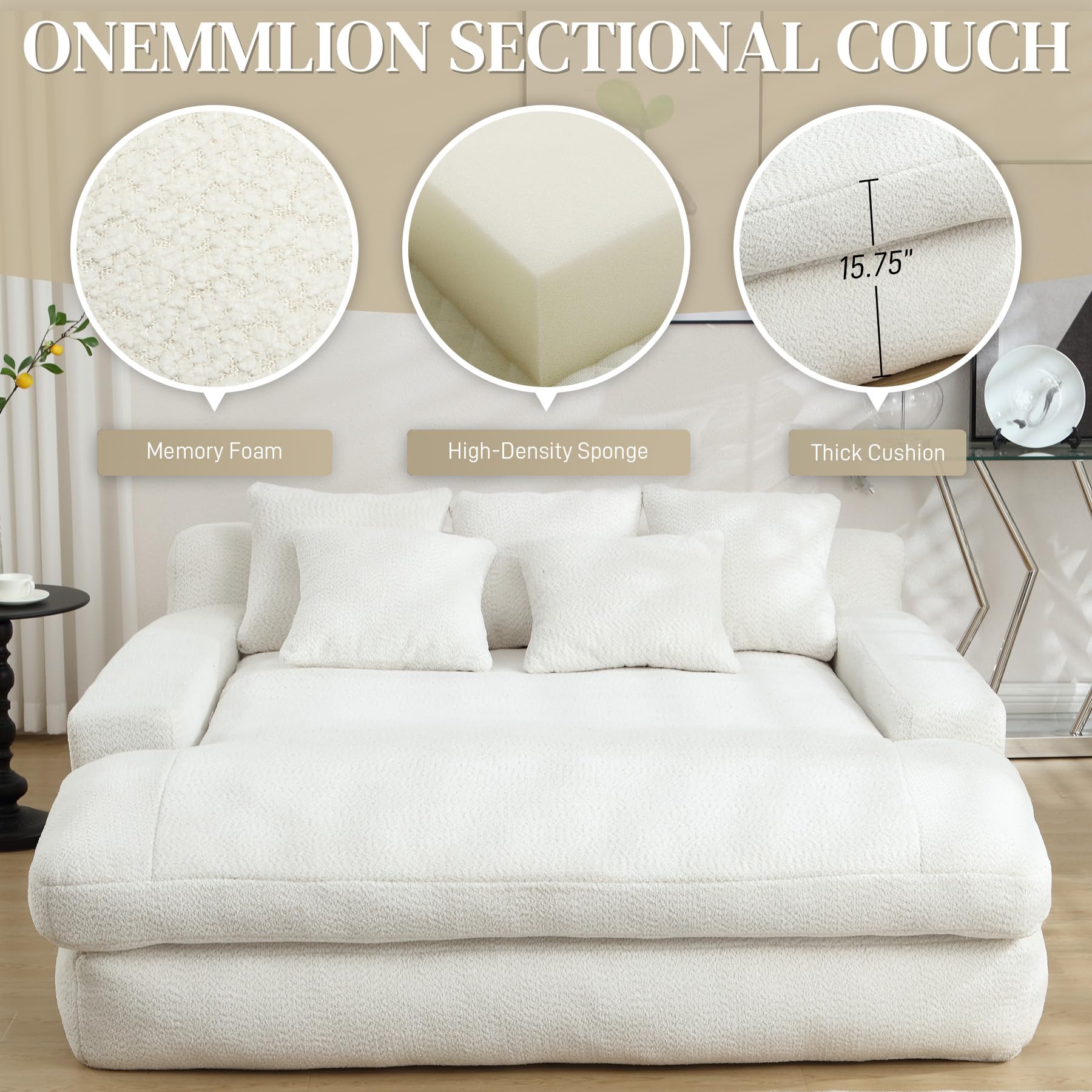 ONEMMLION Oversized Loveseat Modular Sectional Sofa Cloud Couch, 72.4" Comfy Deep Seat Double Chaise Sleeper Sofa, Modern Upholstered Chenille Boucle Couch for Living Room, Grey