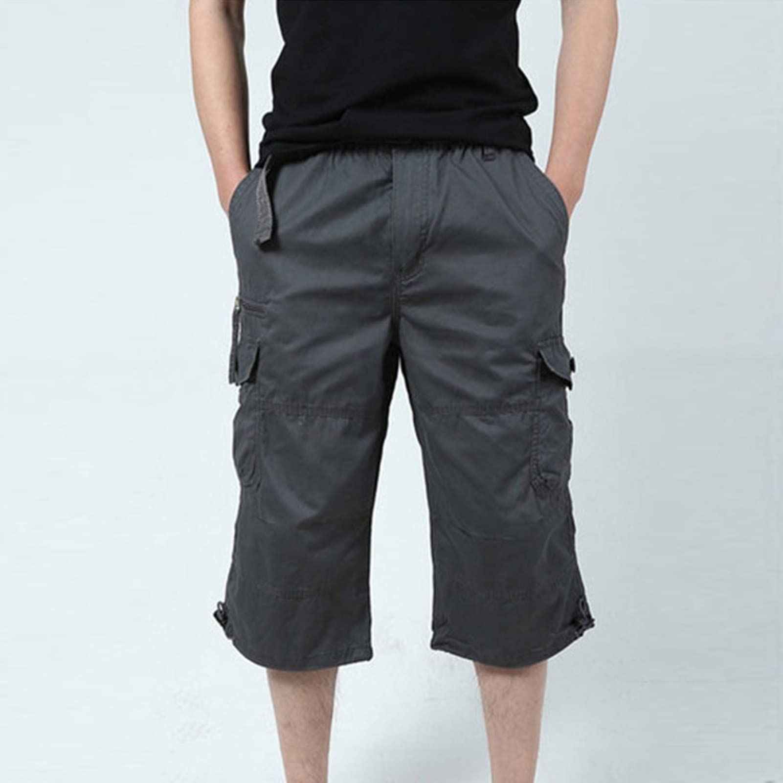 Men's Relaxed Fit 3/4 Cargo Shorts Twill Elastic Waist Multi Pocket Capri Pants Casual Loose Fit Below Knee Short (Grey,Medium)