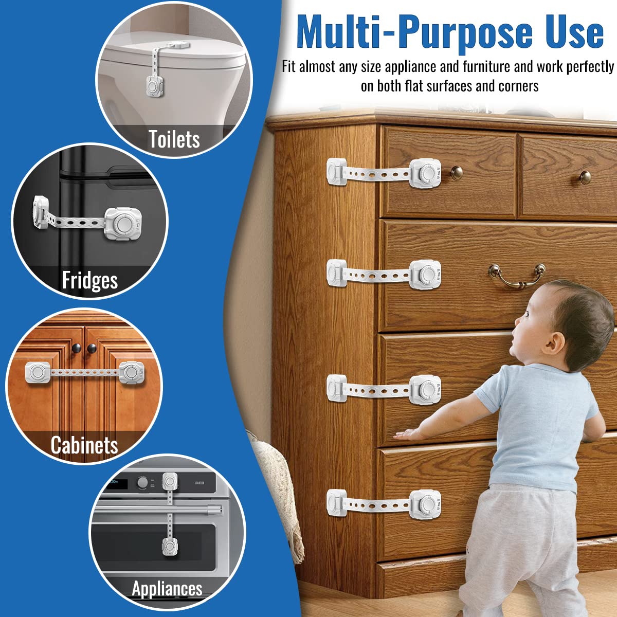 JOINPRO 6 Pack Safety Child Locks for Cabinets & Drawers, Fridge, Toilet, Latches, Baby Proofing Strap Locks with 6 Extra 3M Adhesives; Triple Lock Protection (Easy Installation, No Drilling Required)