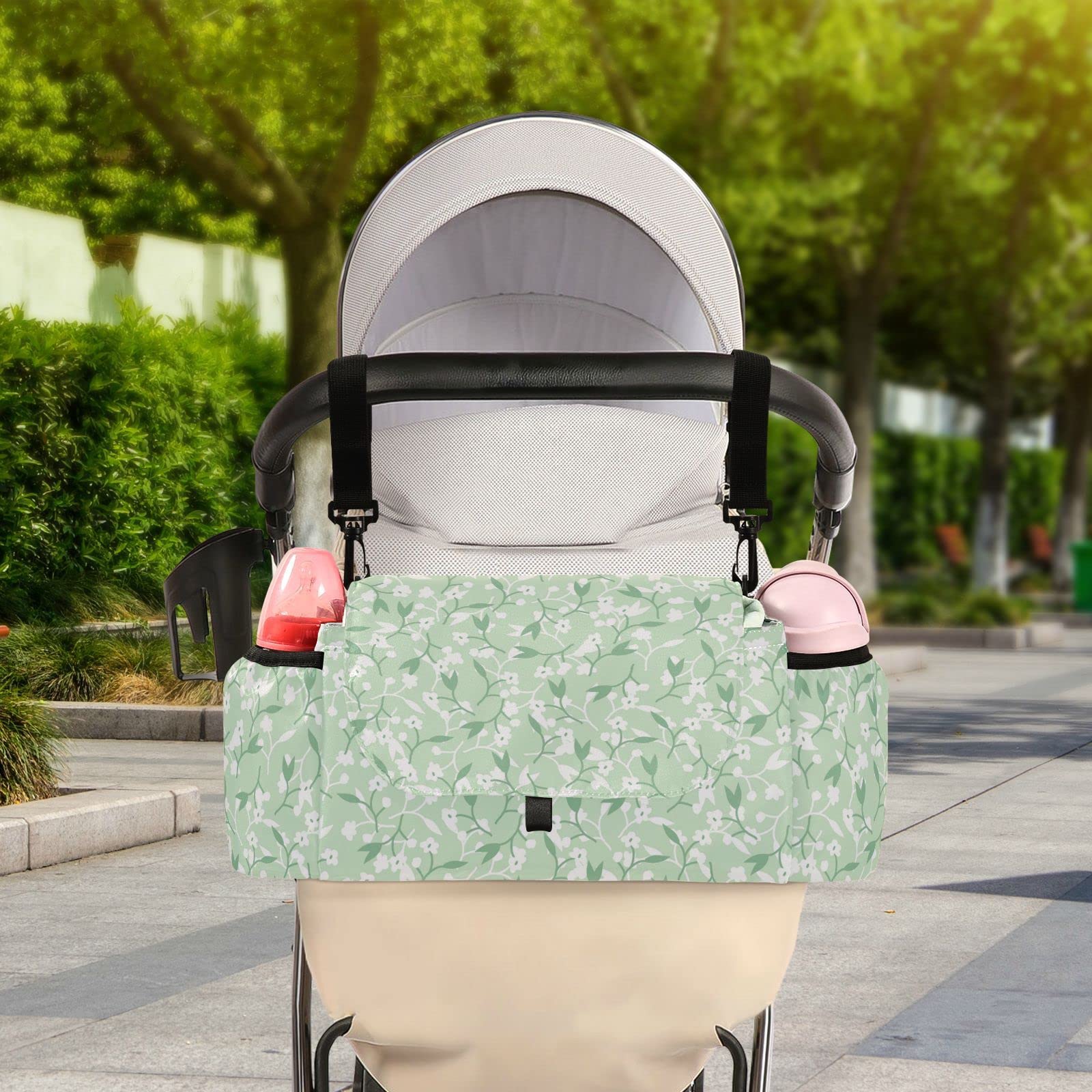 Kigai Small White Flowers Baby Stroller Organizer with Cup Holders, Secure Hooks Accessories Adjustable Strap Stroller Bag for Bottle, Diaper, Phone, Toys, Baby Items