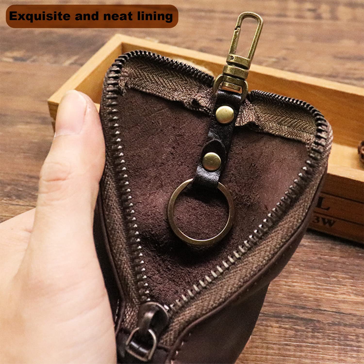 LFWATAXY Medieval Leather Zipper Coin Pouch - Genuine Cowhide, Handcrafted,Coin Organizer, Change Holder,Keychain Coin Purse for Men & Women (Brown)