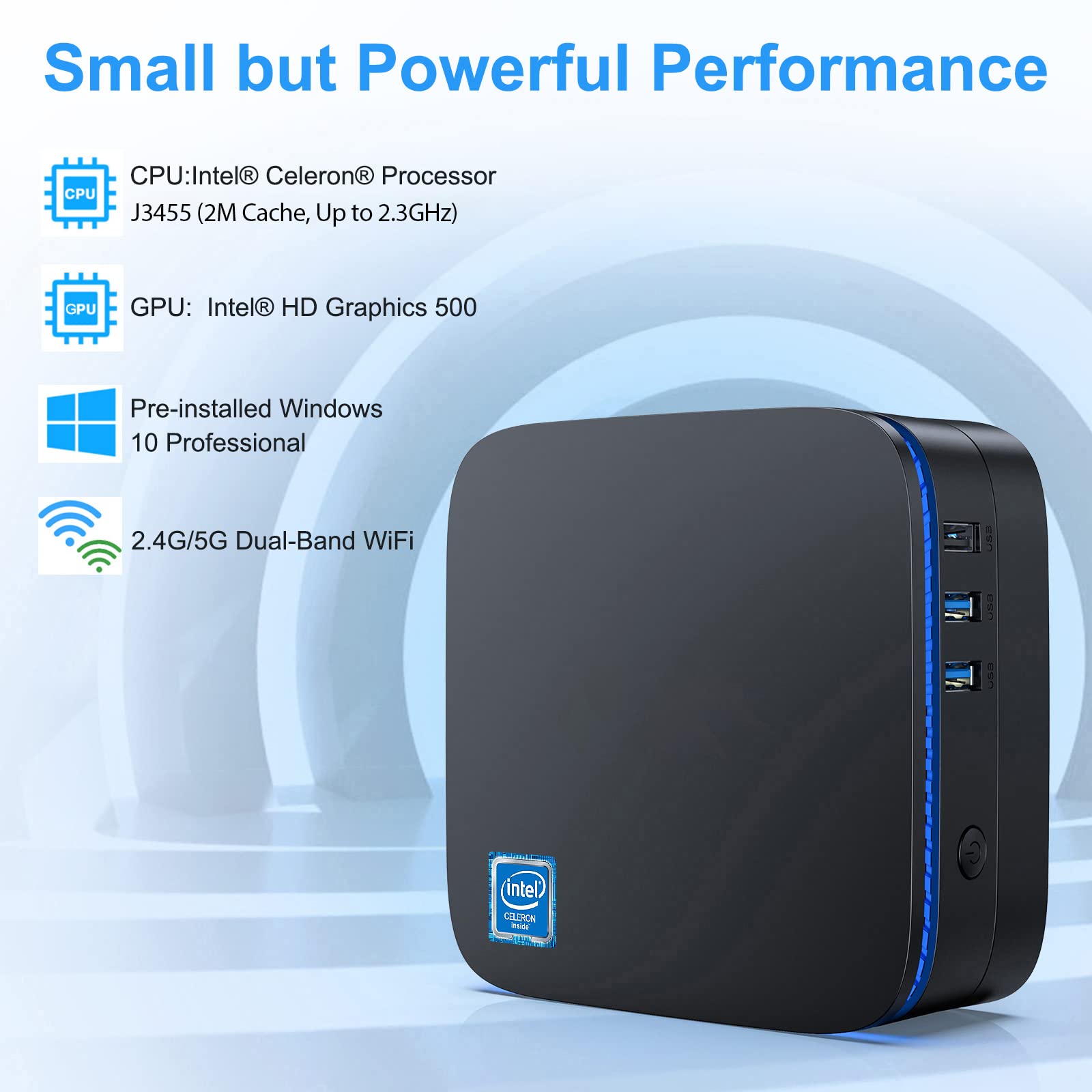 KAMRUI Mini PC, 8GB RAM/128GB ROM Windows 10 Pro Mini Computer Intel Celeron Processor J3455 Desktop Computer Support 4K HD/Dual HDMI/Gigabit Ethernet/Dual-Band for Business School Home