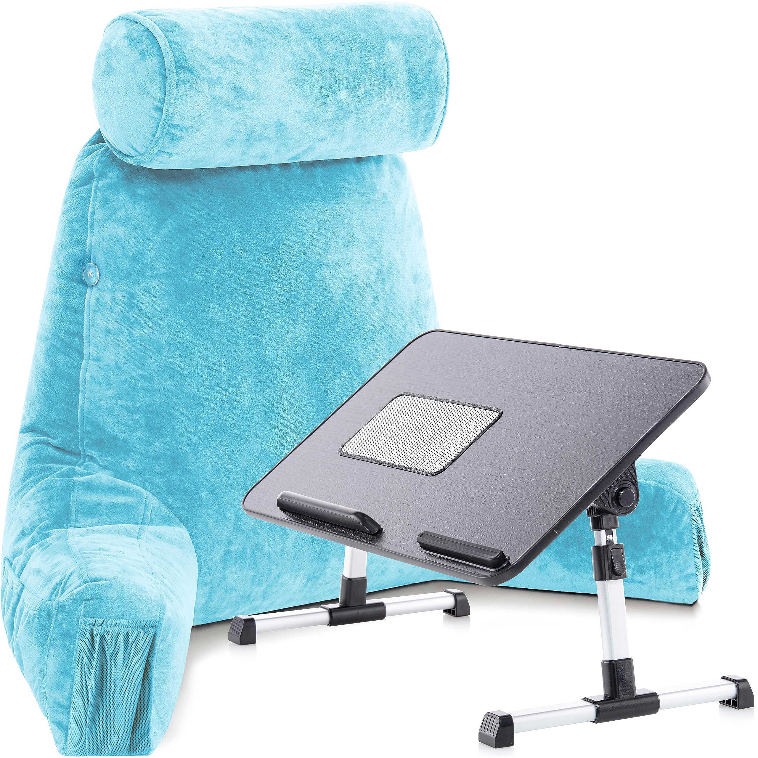 Husband Pillow Combo - Backrest Pillow with Arms : Medium Teal & Lap Desk Bed Tray : Black - Memory Foam Reading Pillows for Bed w/Removable Neck Roll & Laptop Bed Tray Table