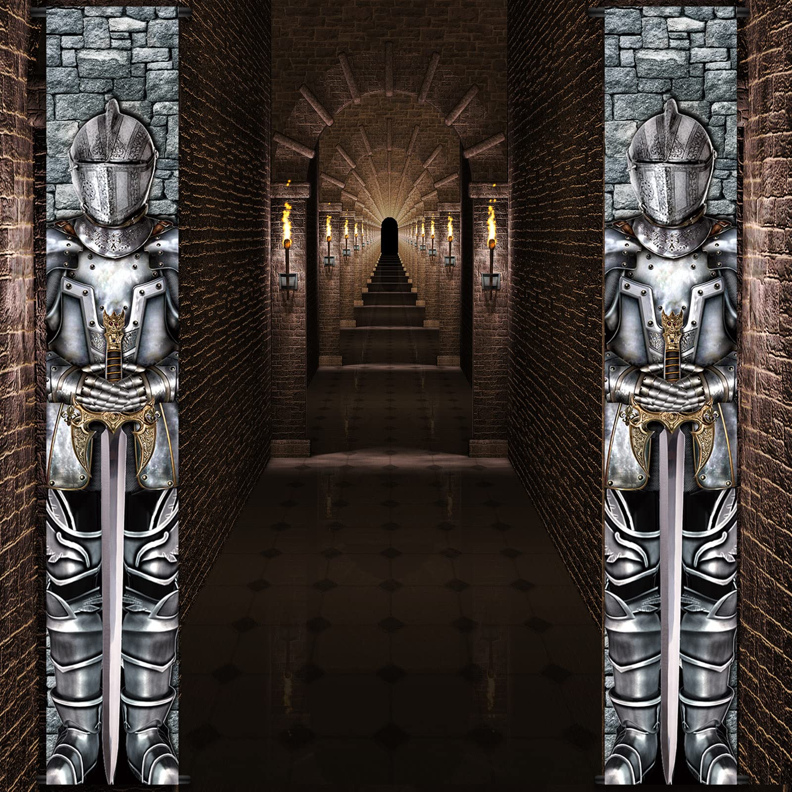 Jointed Suit of Armor Knight Banner Medieval Theme Door Sign Decorations Armor Knight Hanging Banner for Halloween Party Photo Prop Background Door Decor Supplies