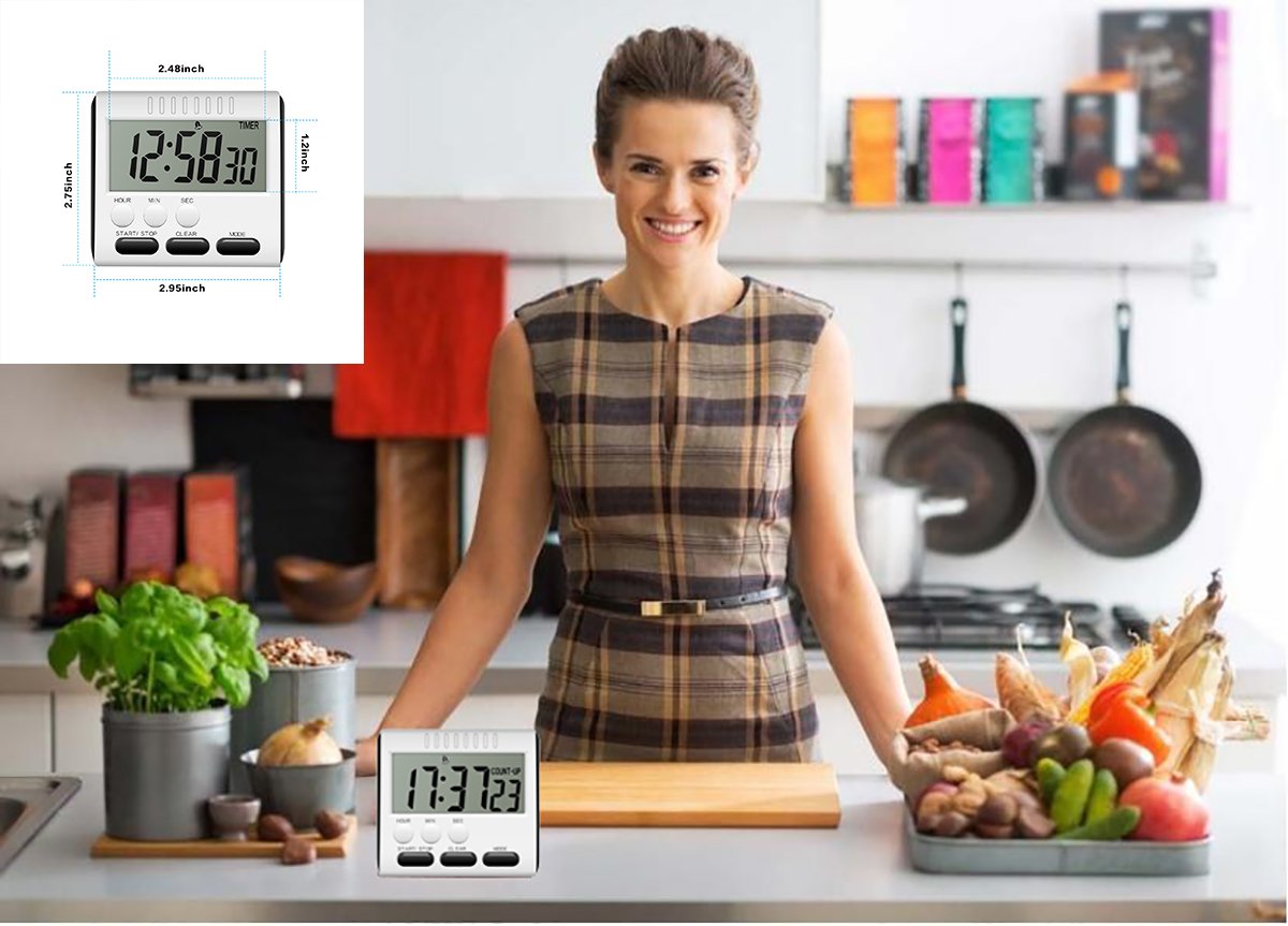 Hour Minute Second Count Up Countdown Digital Kitchen Timer, Big Digits, Loud Alarm, Magnetic Backing, Retractable Stand, 3 Pack Black