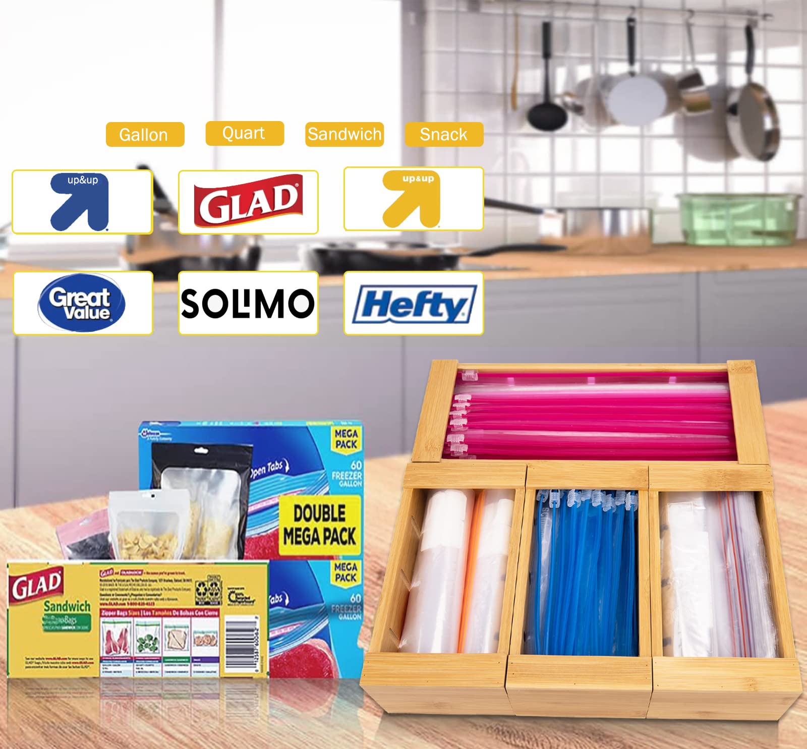 IVONNEY Bag Storage Organizer, Bamboo Food Storage Plastic Bag Organizer Drawer, Sandwich Bag Holder, Snack Gallon Quart Baggie Organizer Fit for Ziploc Hefty Glad Solimo Bags