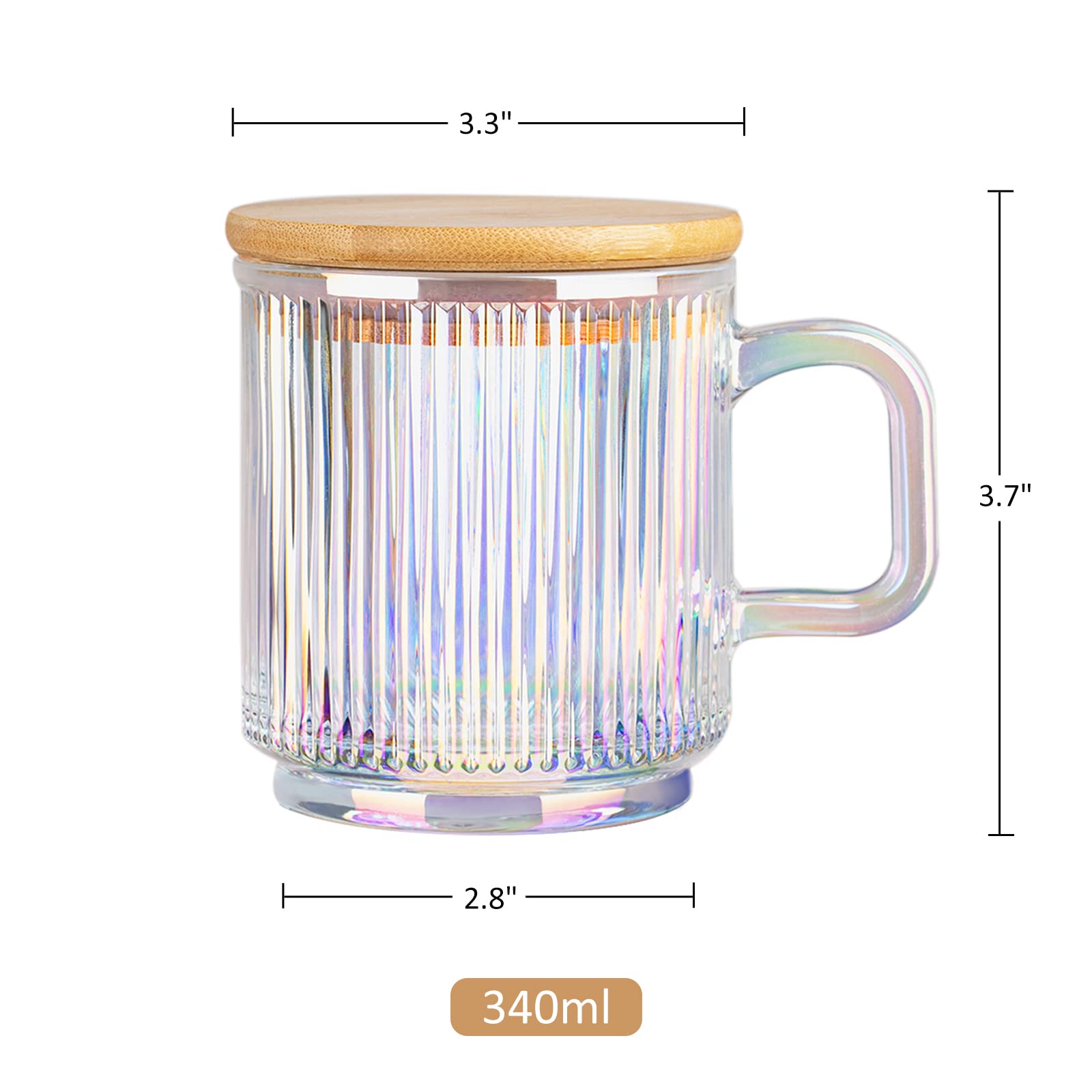 Joeyan Iridescent Glass Coffee Mugs Set of 2-11.5 oz Striped Coffee cups with Lid - Large Drinking Glasses with Handle for Latte, Coffee, Tea, Milk, Juice