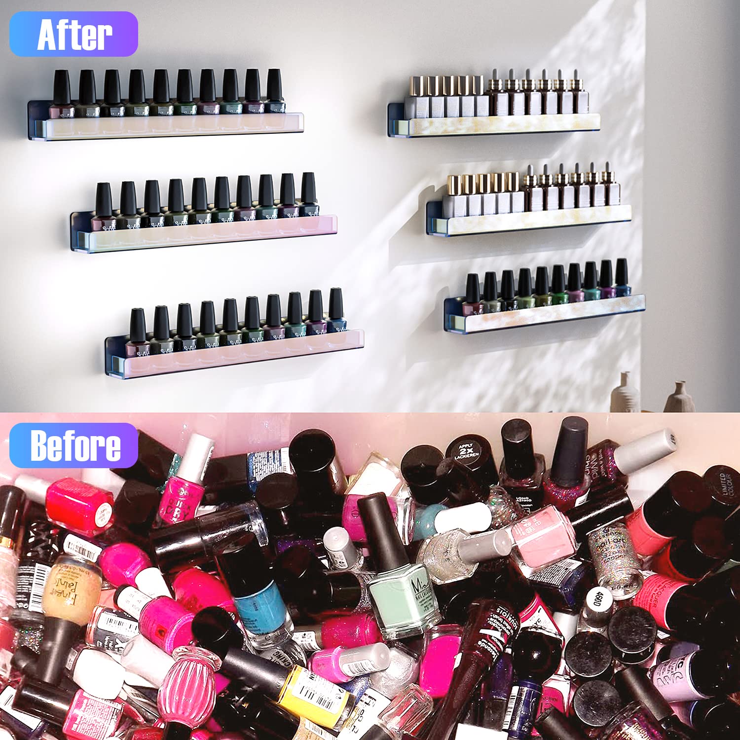 KEMOEN Nail Polish Organizer Holder - Acrylic Rainbow Storage Shelves for Wall - 6 Pack, 15" Thickened Display Stand - and Also Organizing Books, Glasses, Small Pendants, Lipstick, and More.