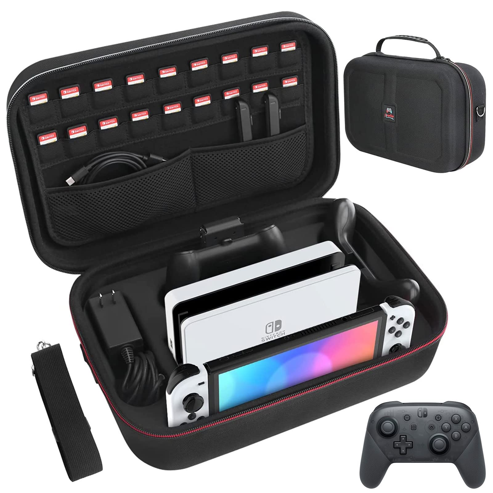 HEYSTOP Tashce for Nintendo Switch/Switch OLED Model Accessories, Case for Nintendo Switch with Storage for Nintendo Switch Console and Controller, Black, Dark Black, Unisex