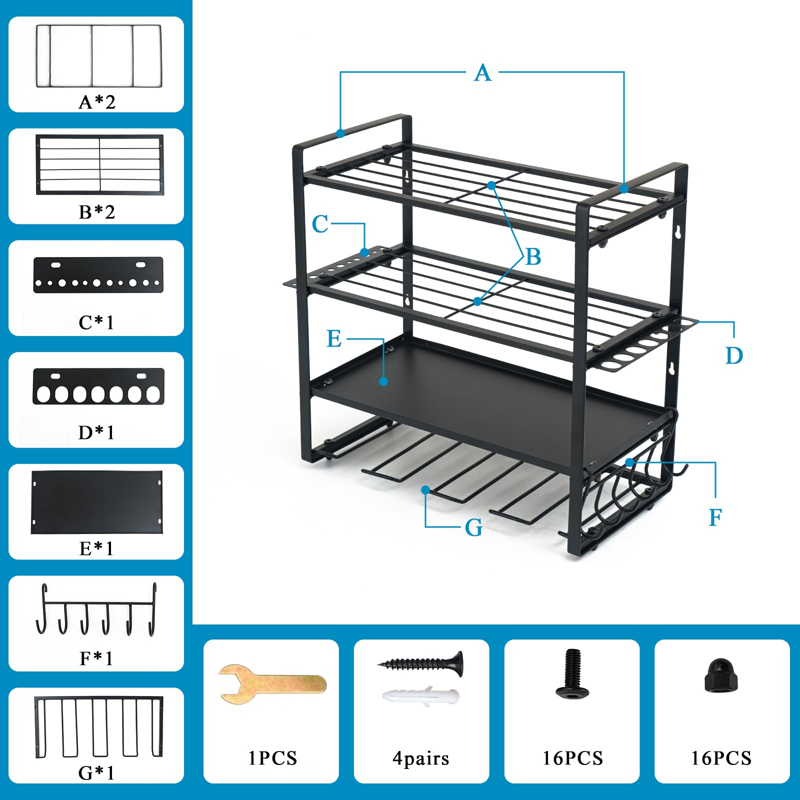 Power Tool Organizer Wall Mount, 4 Drill Holder 4 Layers Garage Tool Organizers and Tool Storage Rack, Heavy Duty Metal Tool Shelf with Screwdriver Holder Plier Holder Hammer Holder