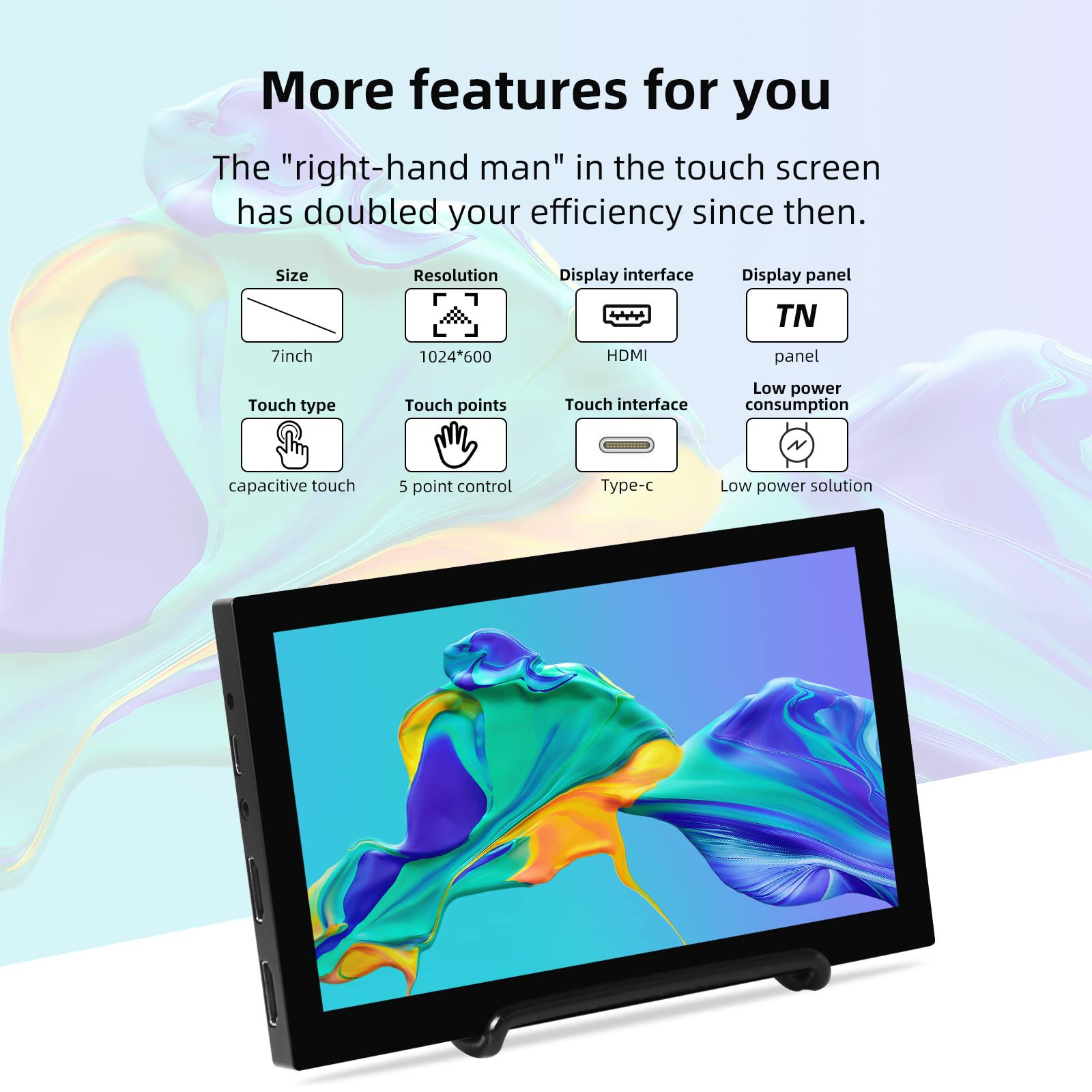 Kenowa 7 Inch Touchscreen Monitor, HD 1024x600 Portable USB-C Touch Screen with HDMI and Built in Speaker for Raspberry pi 4B 3B+ 2 Model B Computer Laptop,with Metal Bracket