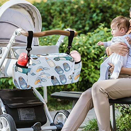 Kigai Baby Pattern Blue Baby Stroller Organizer with Cup Holders, Secure Hooks Accessories Adjustable Strap Stroller Bag for Bottle, Diaper, Phone, Toys, Baby Items