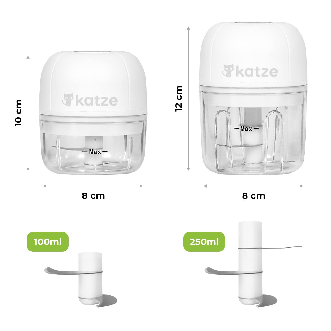 KATZE Electric Mini Food Chopper β Small Processor For Garlic, Onion, Vegetables, Fruit Salad, Dicing & Puree β Mincer For Kitchen (White, 250 ml + 100 ml)