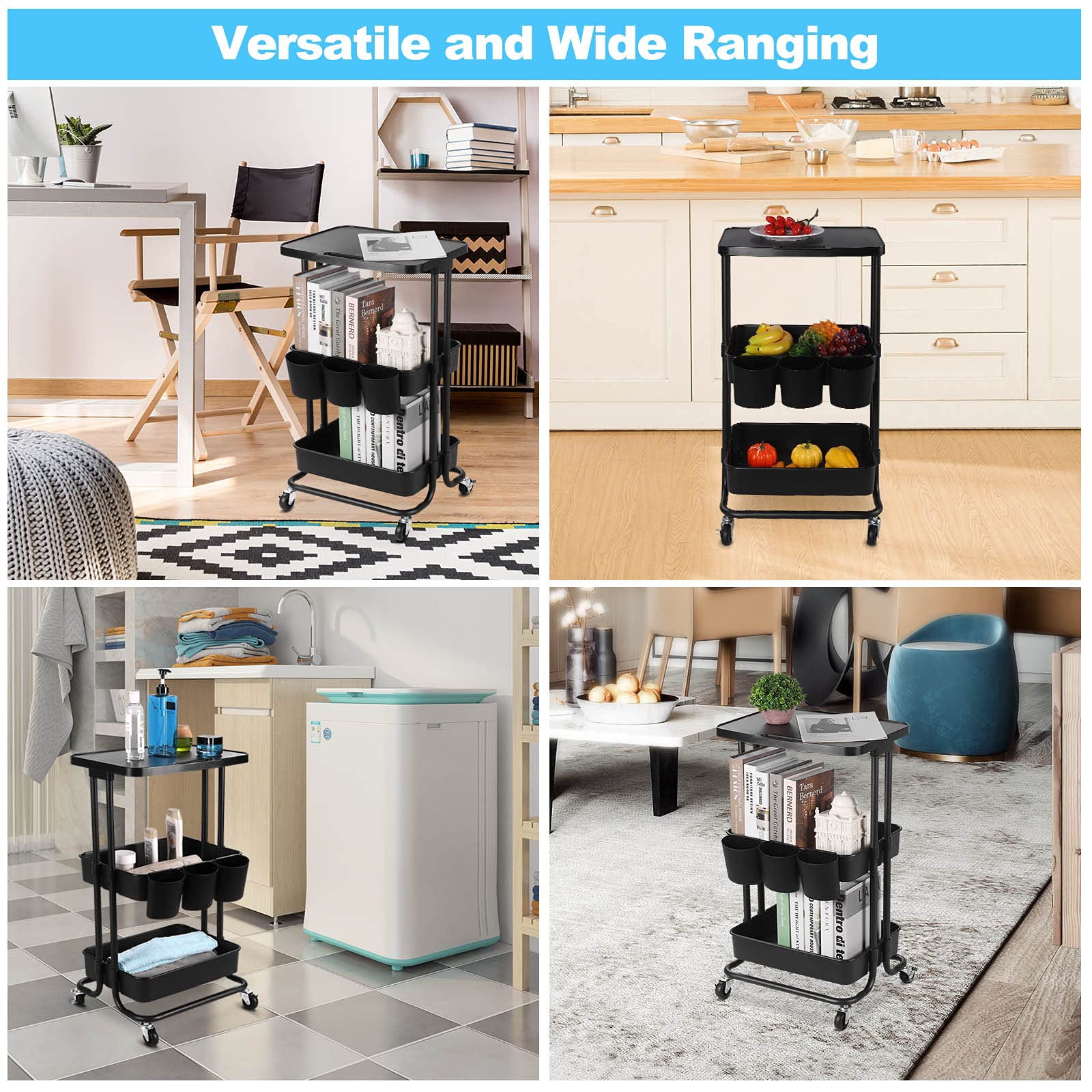 johgee Multifunctional Rolling Cart, Black, Portable, Sturdy, 17"L x 12.6"W x 29.5"H