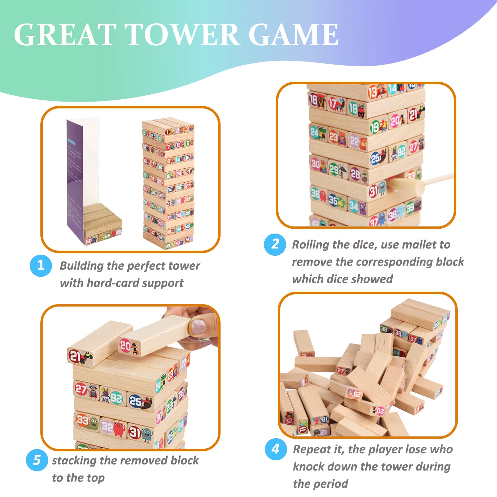 MICKYU 51 Pcs Wooden Blocks Stacking Tumbling Tower Game Kids Learning Math Toys with Dices, Mallet, Number Blocks, Cards, Tray, and Storage Bag
