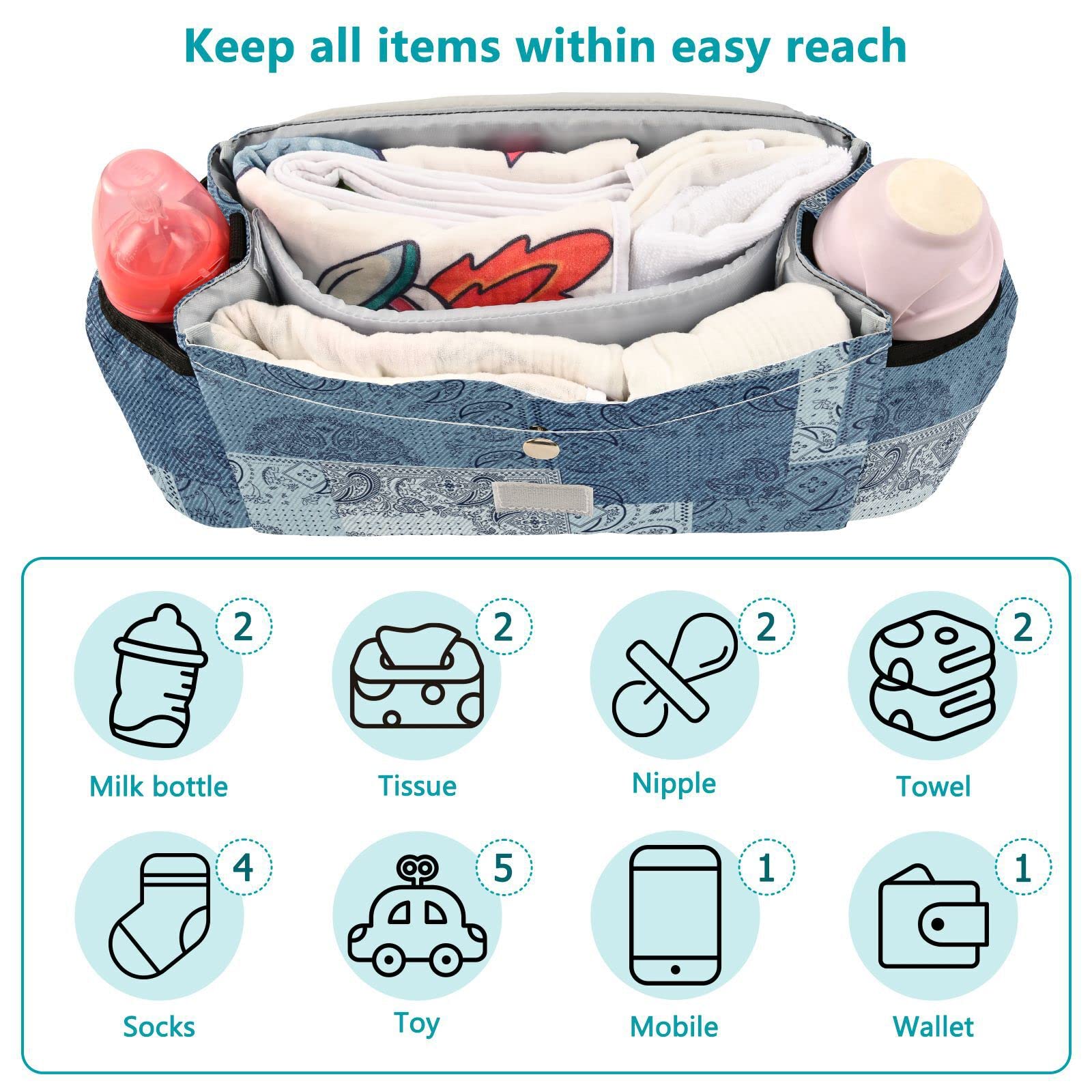 Kigai Denim Patchwork Paisley Baby Stroller Organizer with Cup Holders, Secure Hooks Accessories Adjustable Strap Stroller Bag for Bottle, Diaper, Phone, Toys, Baby Items