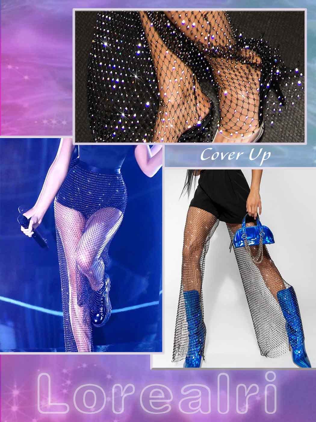 Lorealri Mesh Fishnet Pants Black Rhinestone Leggings Sparkly Crystal Cover Up Hollow Out See Through Bottoms Bikini,47.2in/120cm