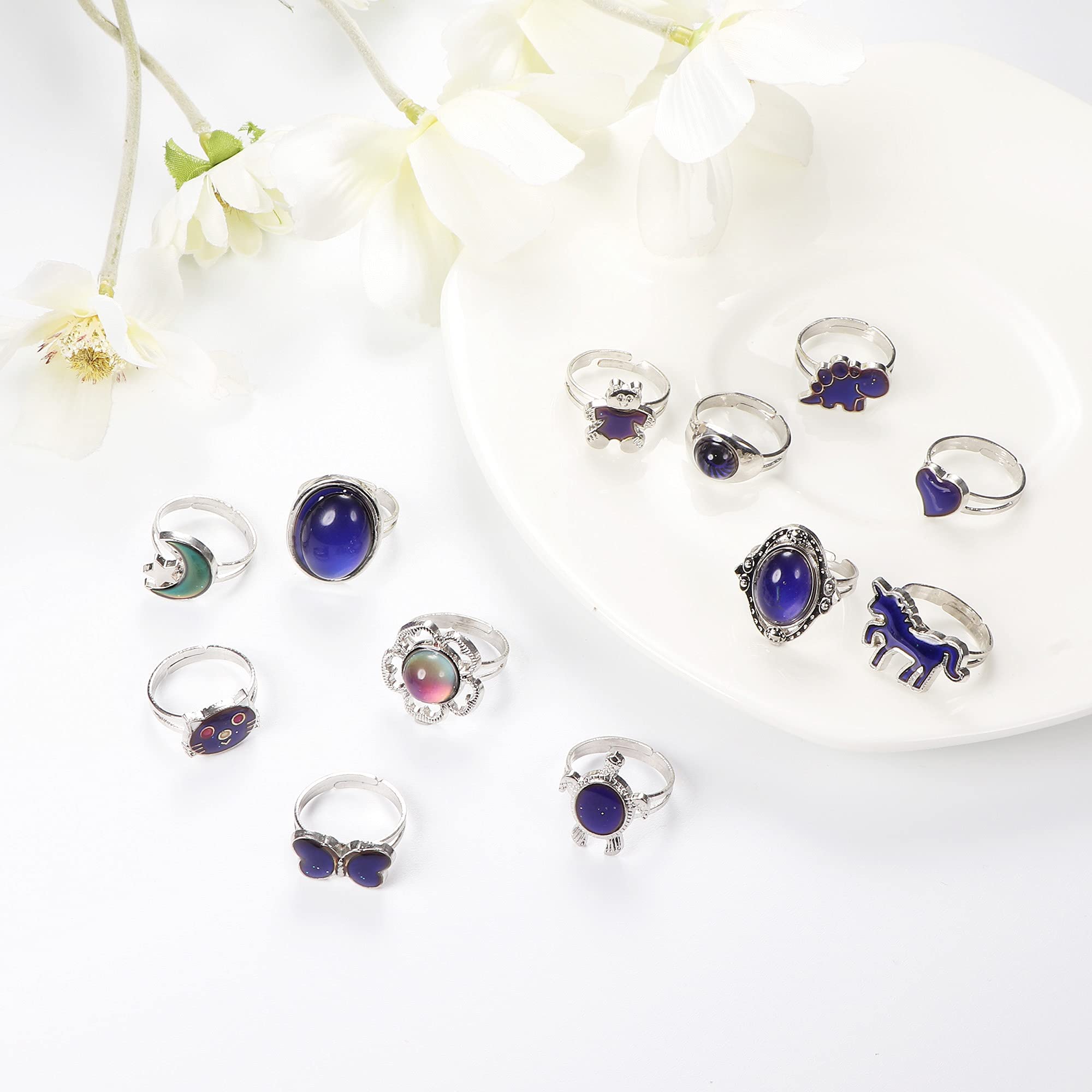 Jstyle 12Pcs Adjustable Mood Rings for Women Mixed Color Changing Mood Rings Temperature Finger Ring for Halloween