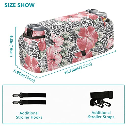 Kigai Hibiscus and Hawaiian Tribal Baby Stroller Organizer with Cup Holders, Secure Hooks Accessories Adjustable Strap Stroller Bag for Bottle, Diaper, Phone, Toys, Baby Items
