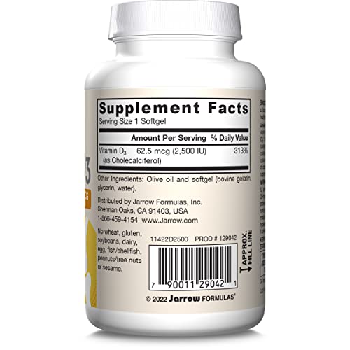 Jarrow Formulas Vitamin D3 62.5 mcg (2,500 IU) - 100 Servings (Softgels) - Bone Health, Immune Support & Calcium Metabolism Support - Vitamin D Supplement - D3 Vitamins - 2500 Vitamin D - Gluten Free