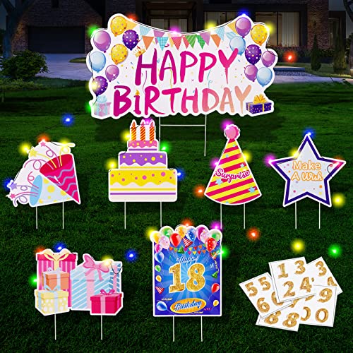 HOMENOTE 7Pcs Happy Birthday Yard Signs With Stakes, 5m LED Light and Personalized Sign, 23.6’’Foldable Large Happy Birthday Sign, Full Set Supplies for Yard Lawn Outdoor Birthday Decoration Party