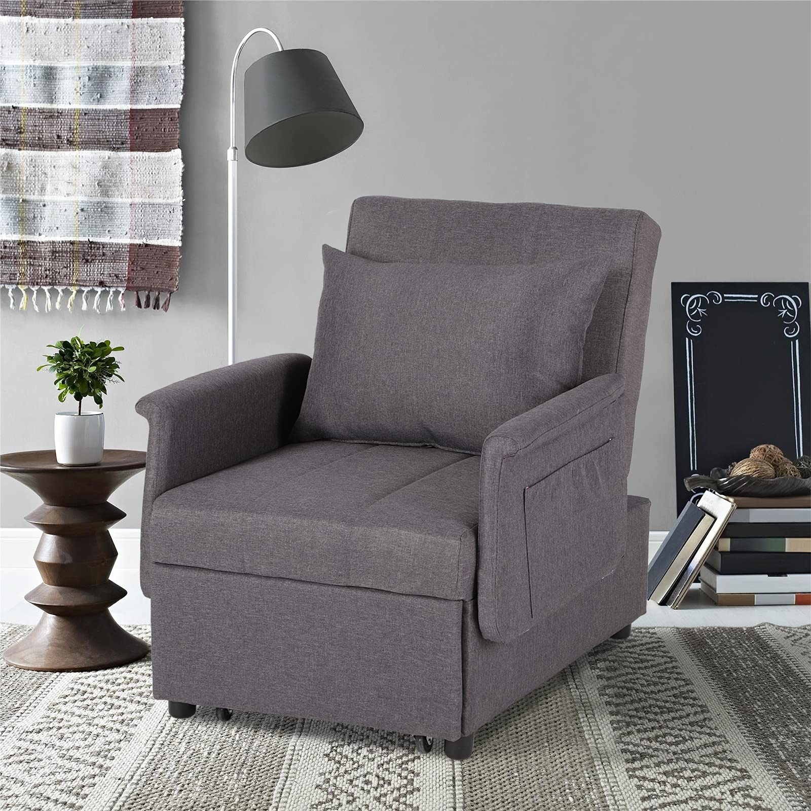 OQQOEE Sleeper Chair, 3 in 1 Chair Bed Sleeper for Adults, Pull Out Sleeper Sofa Convertible Single Lounge Chair with Pillow, Side Pockets for Living Room Small Space (Dark Grey)…