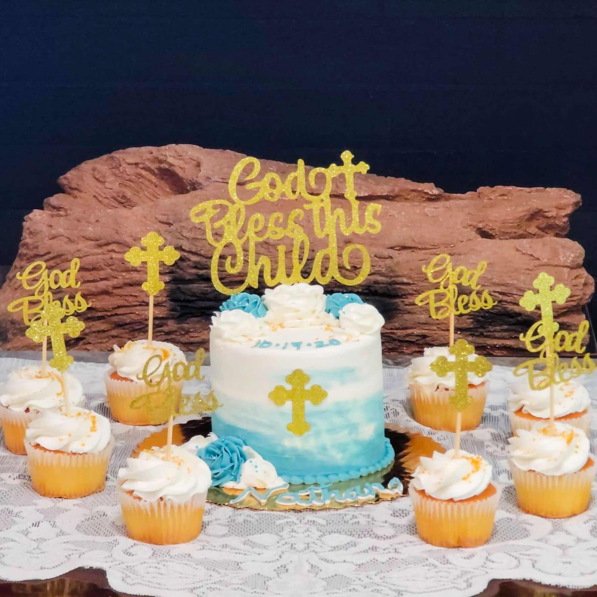 JeVenis 25 PCS Glittery Gold Bless this Child Cake Topper Baptism Cupcake Toppers Cross Cupcake Topper Baptism Cake Topper Cross Cake Decoration Baptism Party Decorations