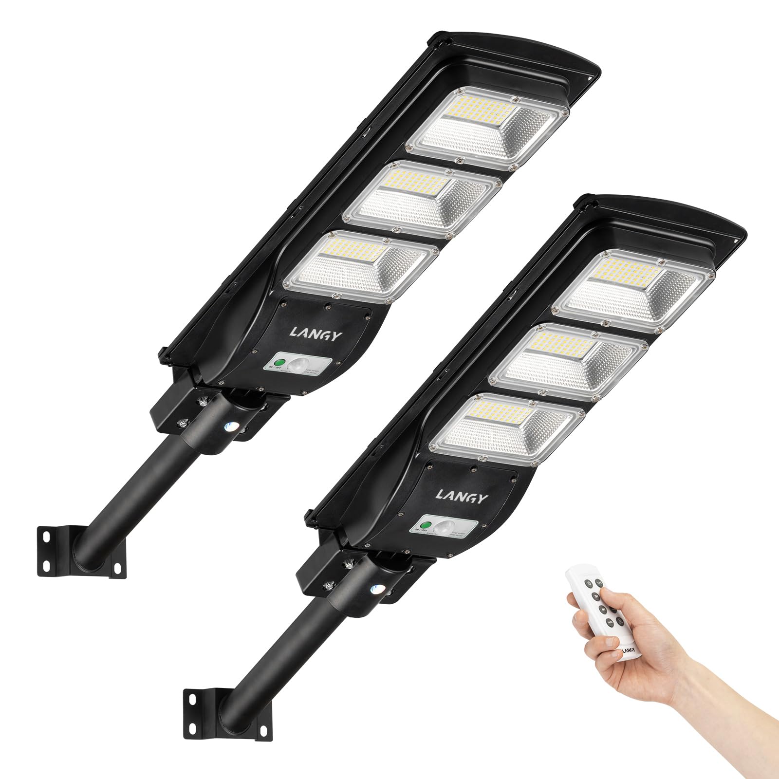 LANGY 2 Pack Led Solar Street Lights Outdoor 9000 Lumens,180 PCS LED,Dusk to Dawn Solar Powered Street Lights with Remote for Barn,Yard, Garden,Basketball Court
