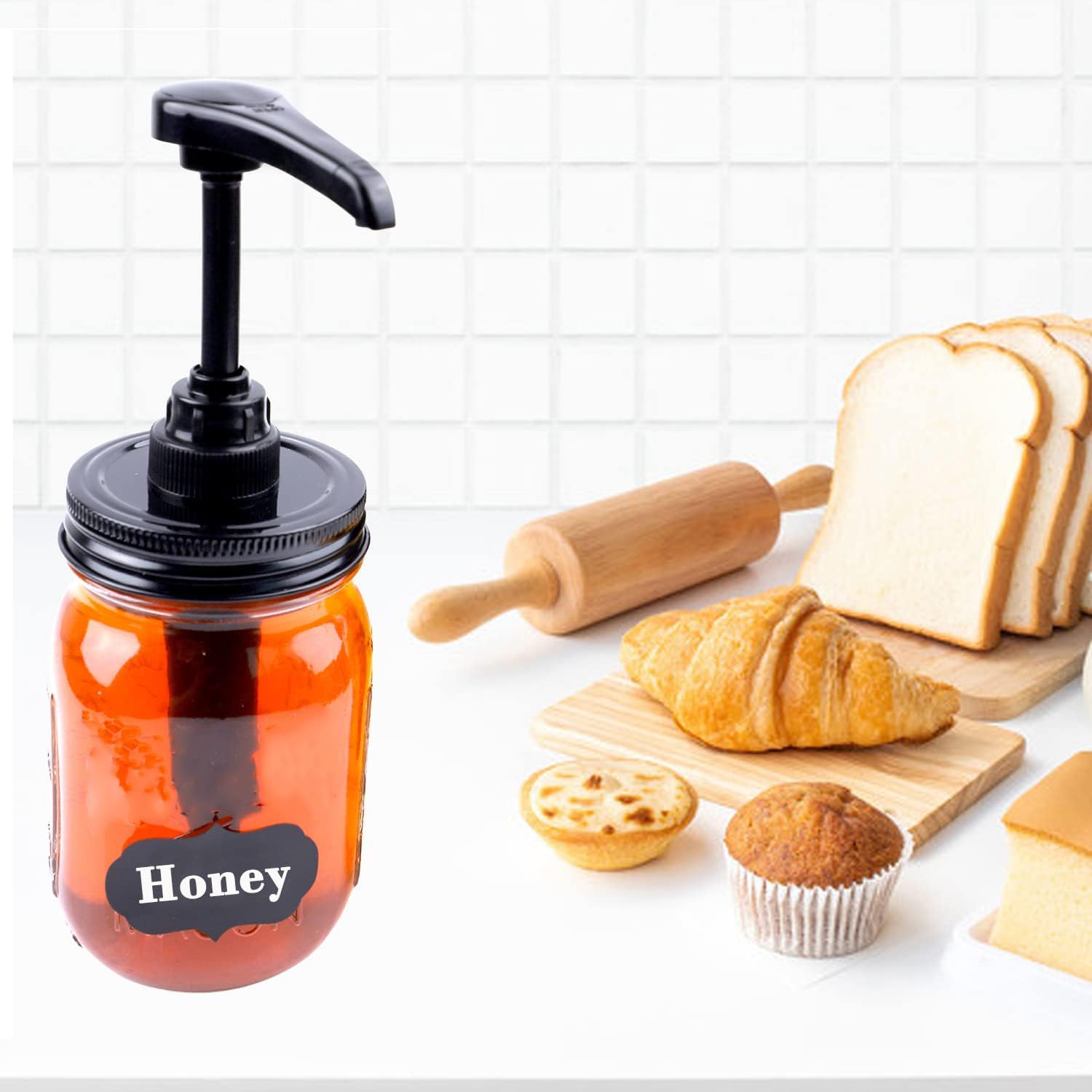 Mason Jar Syrup & Sauce Honey Dispenser Pump Lids for Regular Mouth (2 Pack), Airtight & Leak-Proof Kitchen Food Grade Coffee Syrup Dispenser Pump (Jar Not Included)