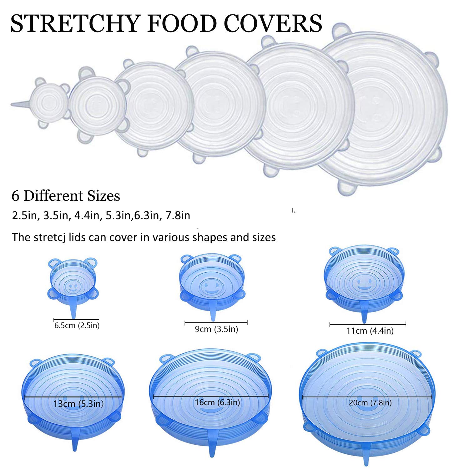 JIGUOOR Silicone Stretch Lids, 6 Pack Reusable Silicone Lids, Durable Food Storage Silicone Covers for Bowl, 6 Sizes to Meet Most Containers to Keep Food Fresh, Microwave Safe - Easy Clean