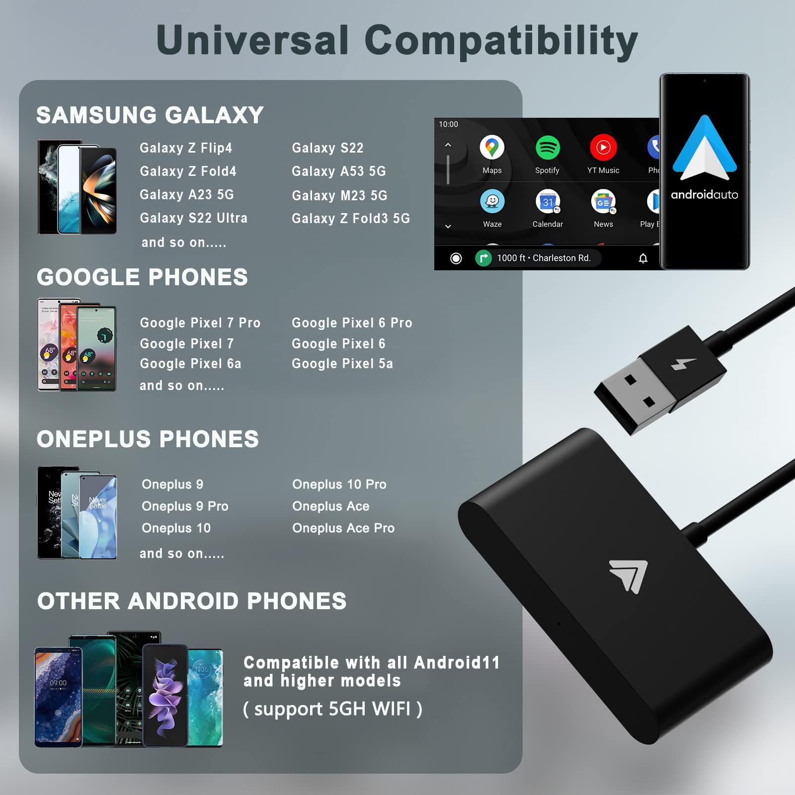 MADIT Wireless Car Adapter for Android Auto - 2022 Upgrade Wired to Wireless Android Auto Dongle -@Plug & Play