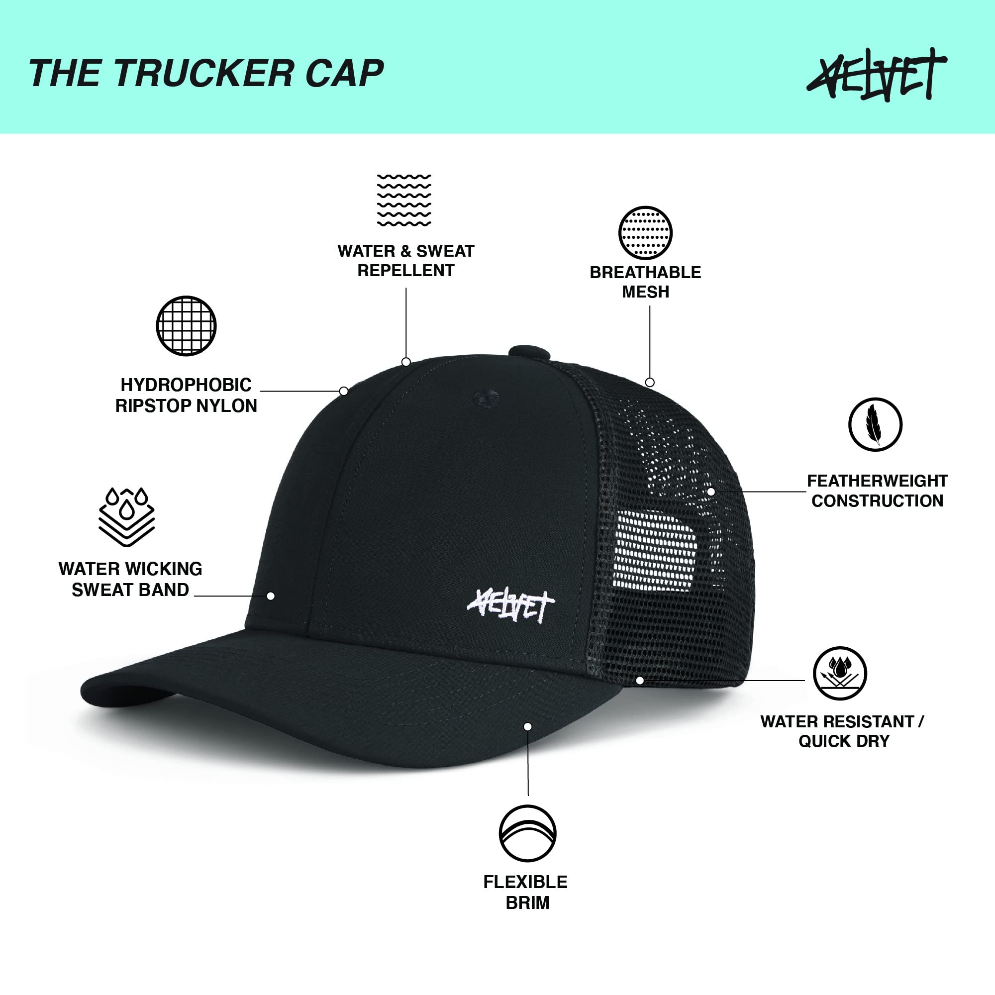 Hydro Waterproof Trucker Men's Hat, Performance Water Proof Floating Snapback Baseball Cap for Boating, Golf, Gym, Lightweight Headwear with Sweat Resistant Band. One Size Fits All, Unisex Black