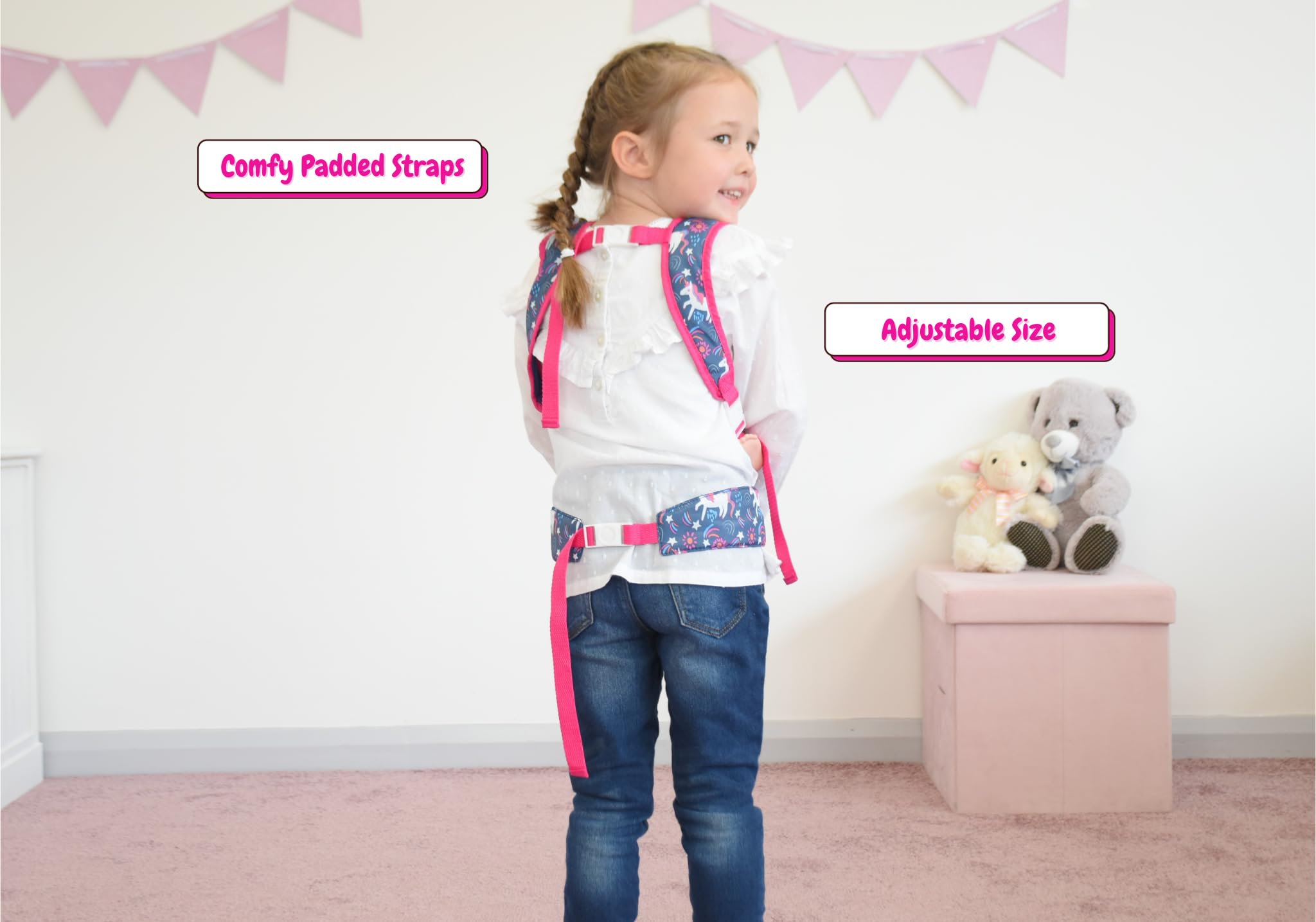 KOOKAMUNGA KIDS Baby Doll Carrier - Adjustable Straps to Fit All w/Comfort Padding - Works as a Front Doll Carrier or Doll Backpack Carrier - Soft Headrest - Ideal for Dolls Up to 18” - Navy Unicorn