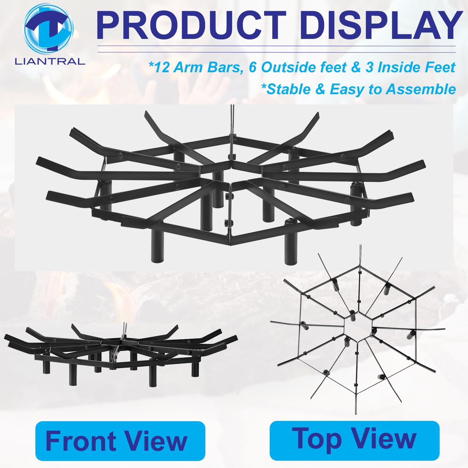 LIANTRAL 24in Fire Pit Grate, Fireplace Round Log Stove Rack Wood Grate for Indoor Outdoor Patio Firewood Burning Rack