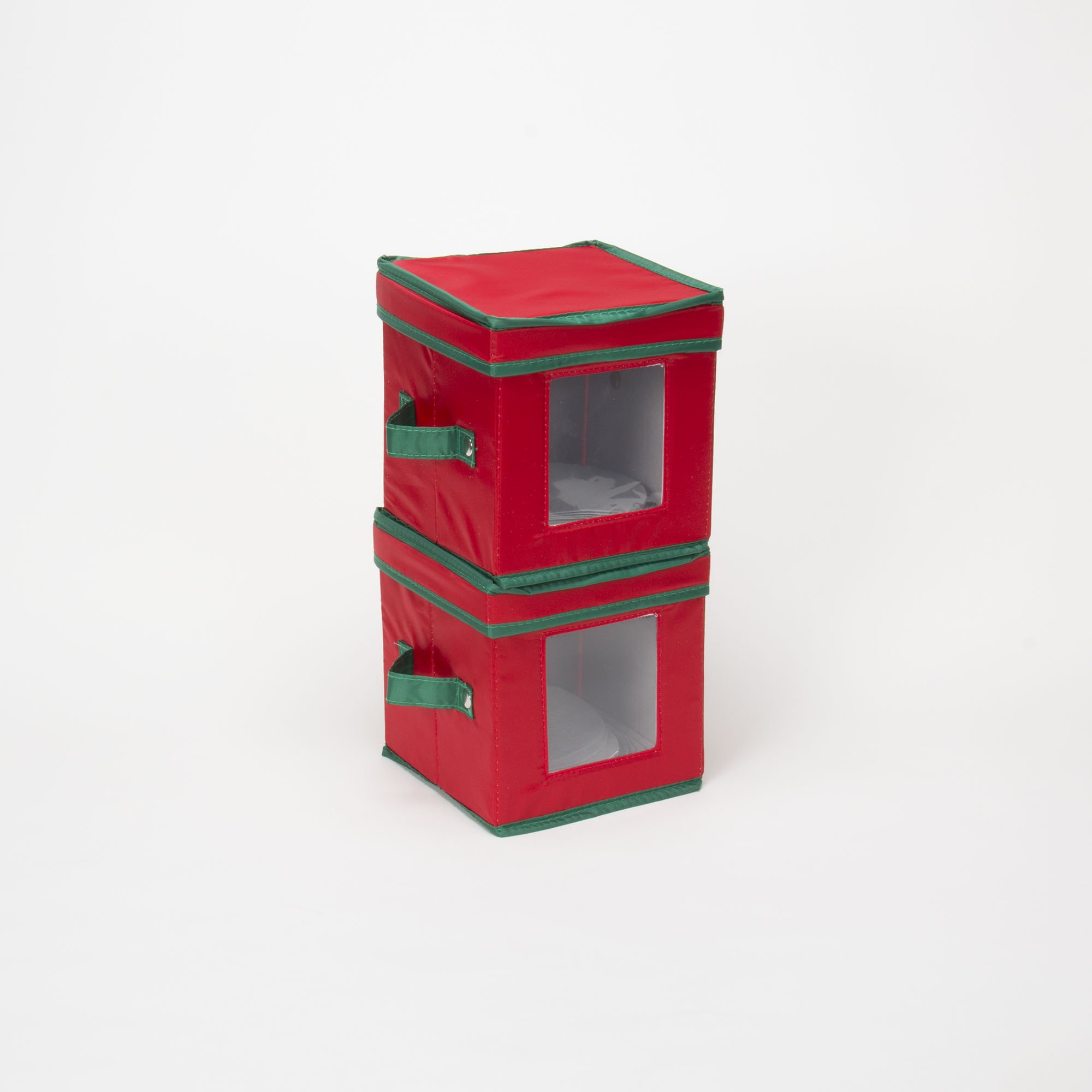 Household Essentials 530RED Holiday China Storage Chest with Lid and Handles | Storage Bin for Small Saucer Plates | Red Canvas with Green Trim