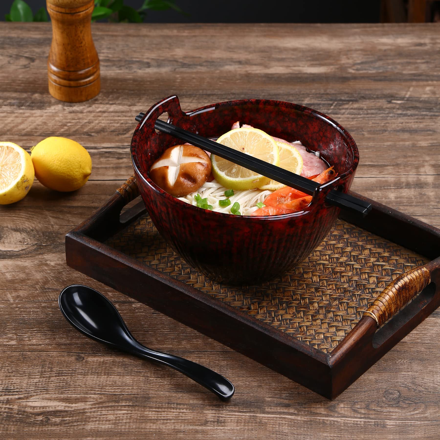 JH JIEMEI HOME Ramen Bowl with Chopsticks and Spoons, Ceramic Set of 2, Dishwasher Safe for Pho Udon Soba Noodle Salad Pasta, Special Reactive Glazed Crimson Bowls Set