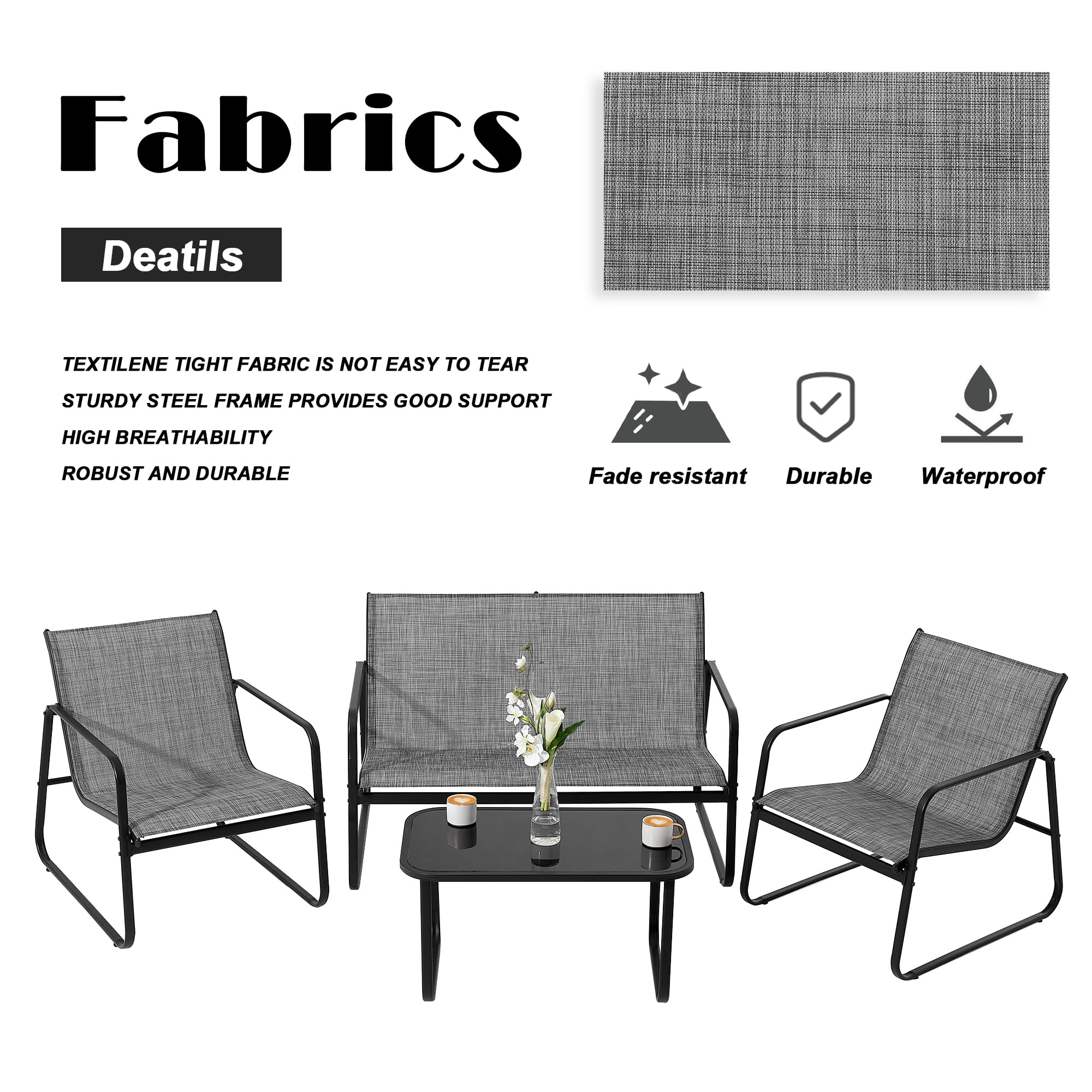 PIZZELLO 4 Pieces Outdoor Patio Furniture Textilene Modern Conversation Bistro Set with Loveseat Tea Table for Home, Lawn and Balcony