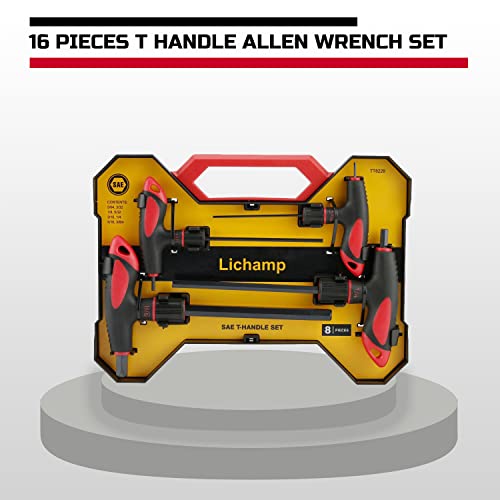 Lichamp T-Handle Allen Wrench Set, 16 Pieces, SAE and Metric Sizes, Ergonomic Design, High-Grade Steel