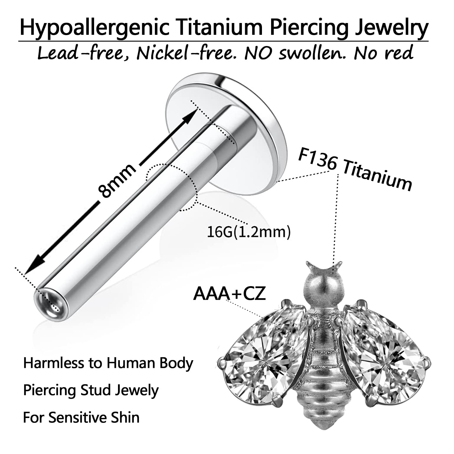 Ju7cer 16G Cartilage Earring Stud F136 Titanium Clear Bee Earrings for Conch Tragus Helix, Internally Threaded Flatback Earrings for Women Labret Piercing Jewelry