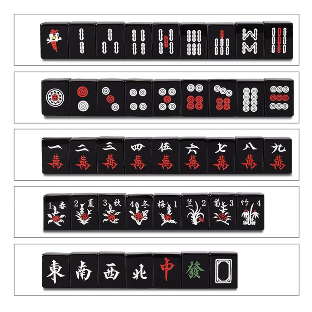 KAFELE Natural Raw Stone Mahjong Handmade Jade Dominoes Contains Five-Layer Walnut Wood Storage Box Hard Material/Smooth to The Touch/Bright in Color,Black,36mm