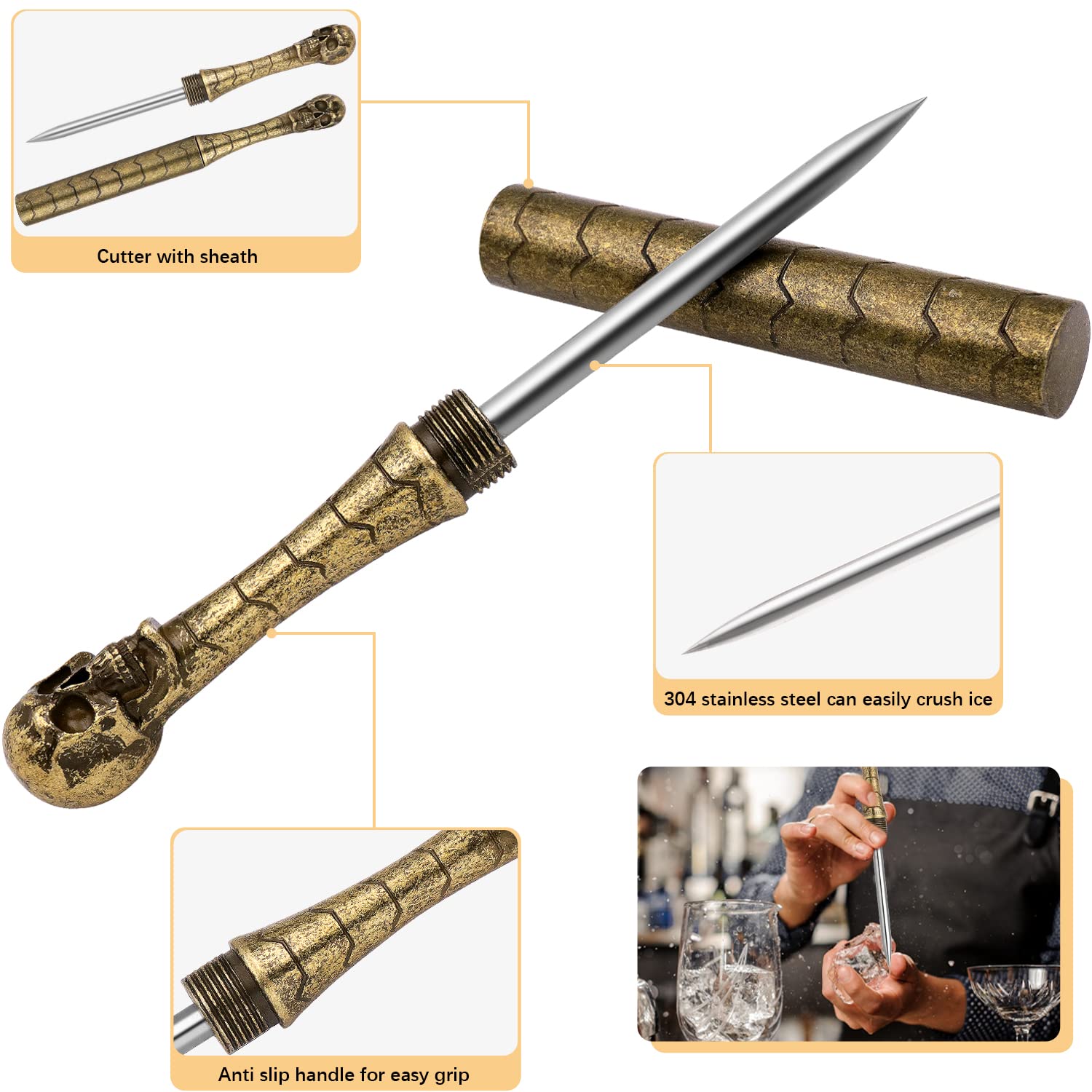 JINBAZO Ice Pick with Safety Cover, Pick Tool for Breaking Ice, Non-slip Antiskid Handle for Kitchen, Bars, Bartender, Camping (Bronze)