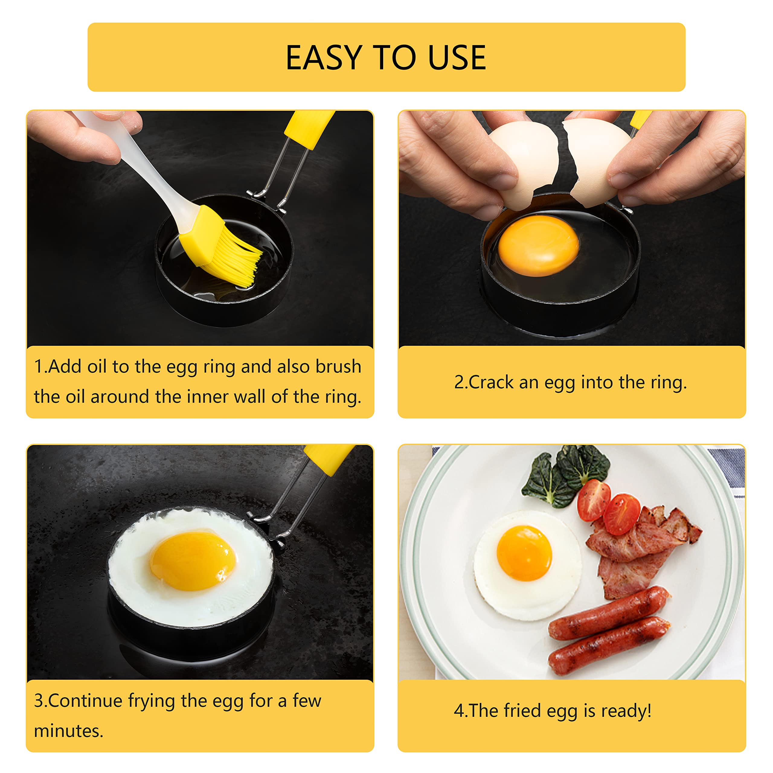 KLEINKITCH Egg Rings β 5 Piece Set of 2 Small and 2 Large Egg Molds for Frying Eggs with Oil Brush Plus Recipe EBook β Professional Portable Round Egg and Pancake Rings β 3 Inch and 4-Inch Sizes