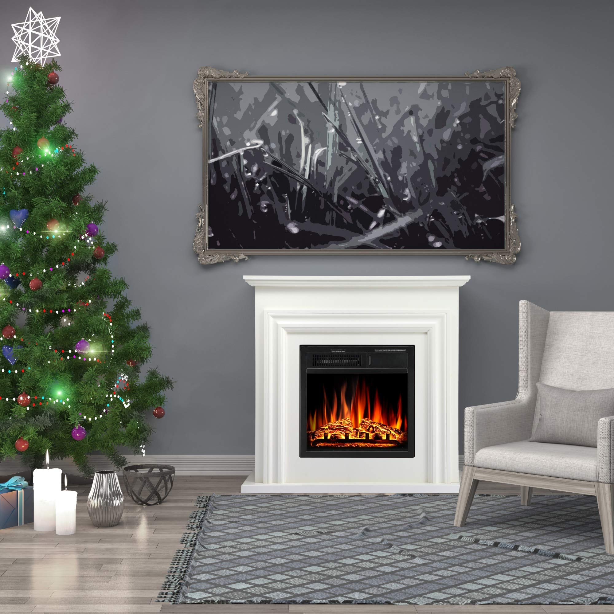 Joy Pebble 36'' Wood Electric Fireplace Mantel Package Freestanding Heater Corner Firebox with Log Hearth and Remote Control,750-1500W (Ivory White)