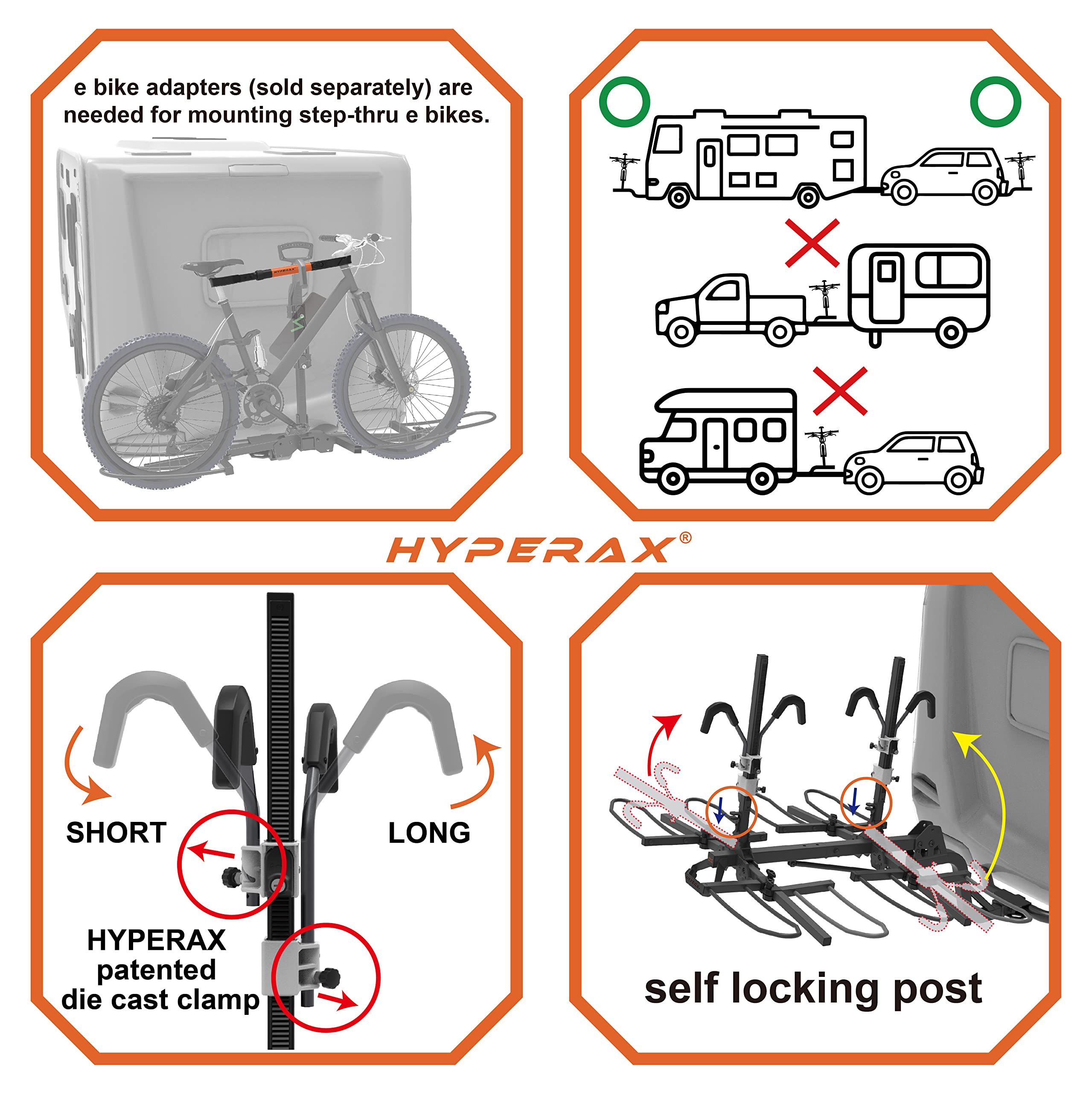 HYPERAX Volt RV 4X - Hitch Mounted 4 Bike Rack Carrier for RV, Camper, Trailer,Motorhome, Toad with 2" Class 3 or Higher Hitch Fits Up to 2x75lb E Bike +2X50lb Bikes with Up to 5" Fat Tire